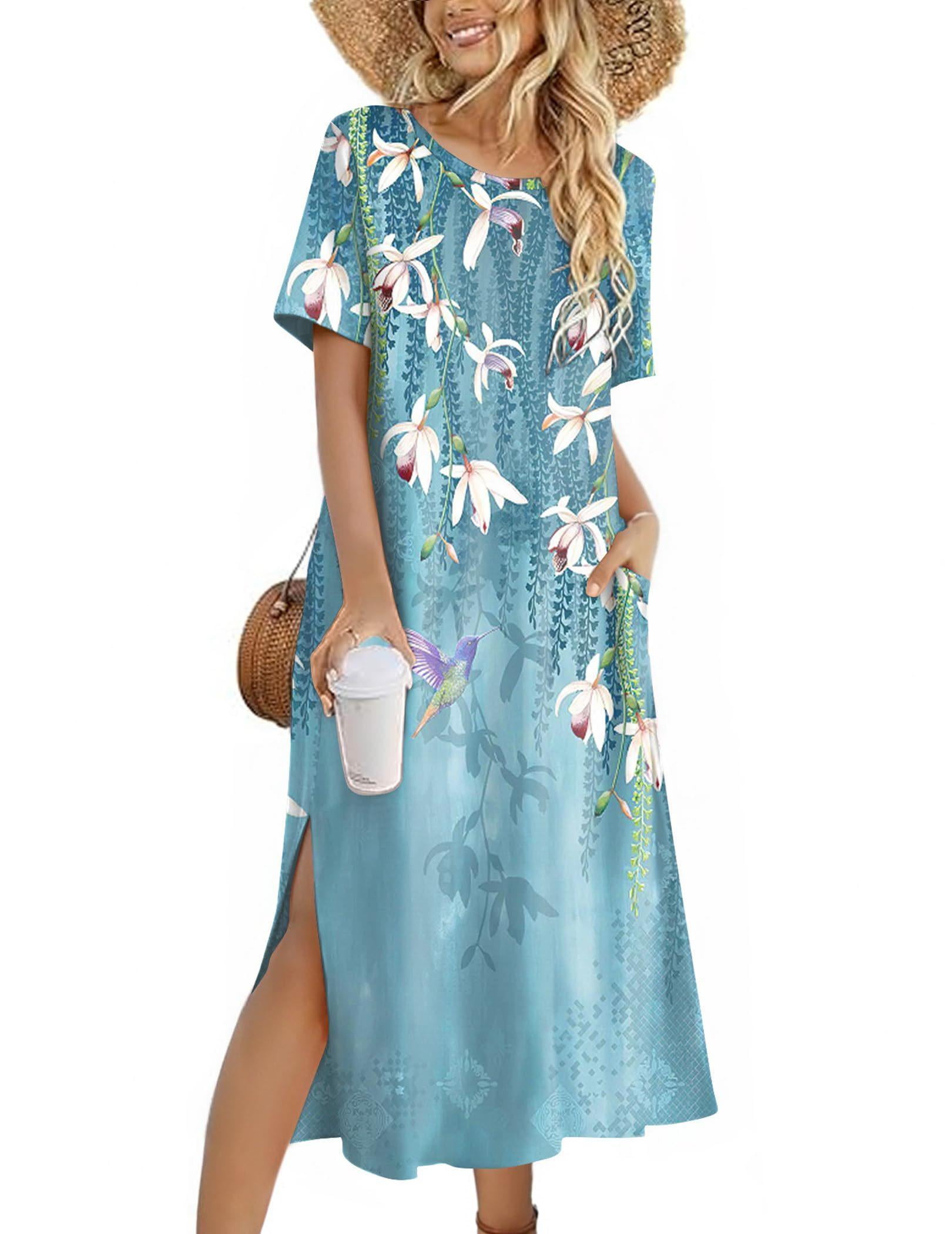 Zeagoo Sundress Dress Women's Casual Loose A Line Crewneck Split Maxi ...
