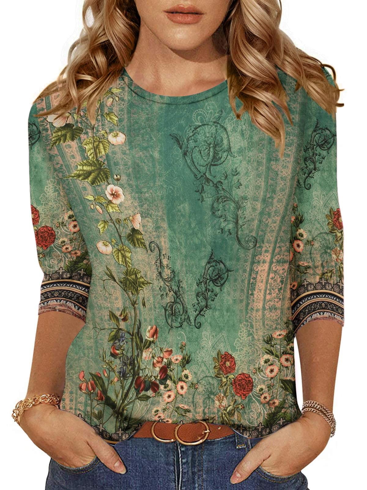Zeagoo Women's 3/4 Sleeve Tunic Top Dressy Crew Neck Floral Print ...