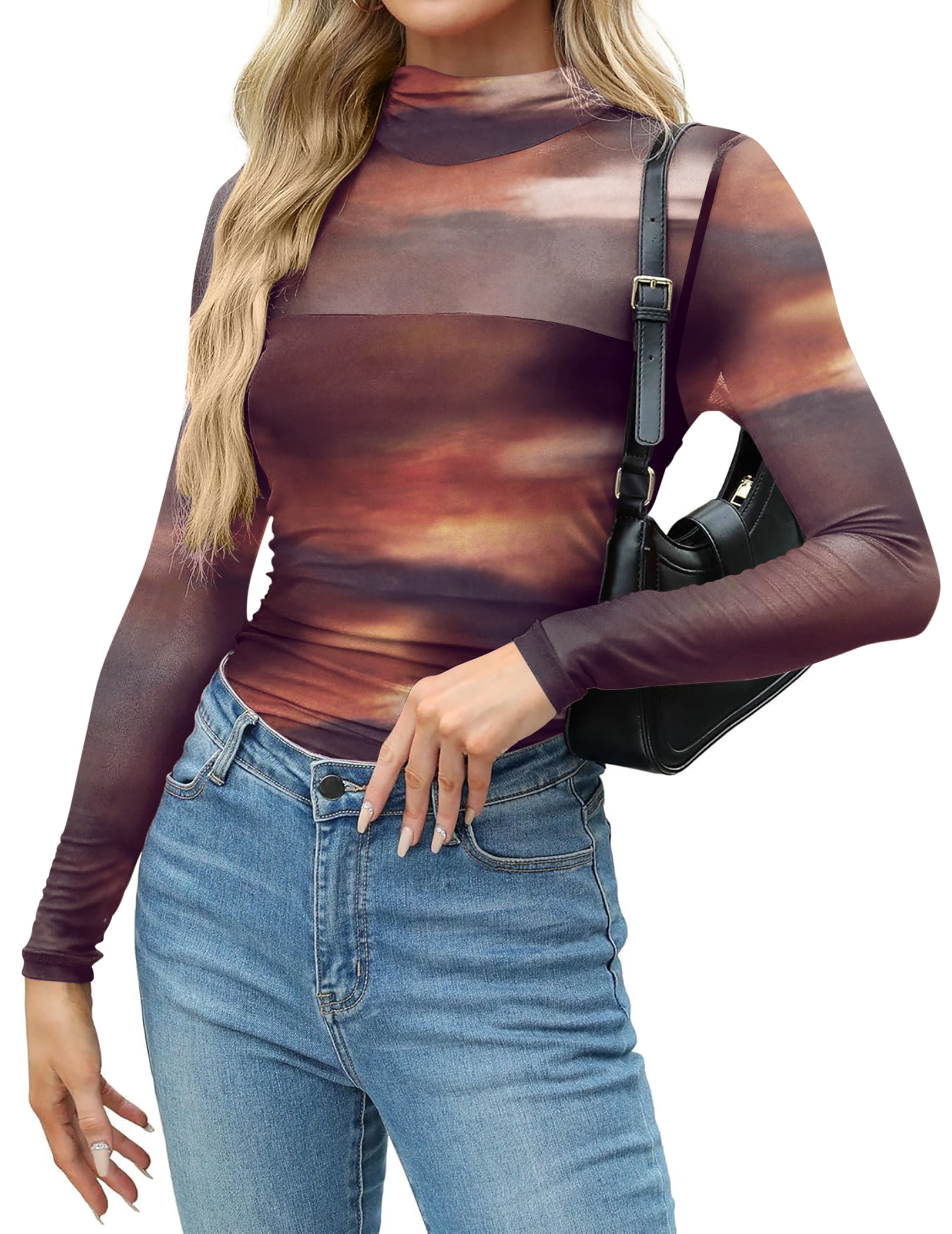 Zeagoo Women's Sexy Sheer Mesh Long Sleeve Tops Mock Turtle Neck Ruched ...