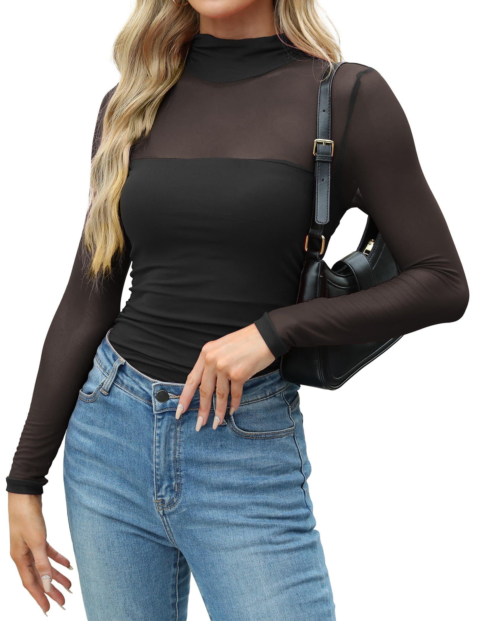 Zeagoo Womens Sexy Sheer Mesh Long Sleeve Tops Mock Turtle Neck Ruched 5058