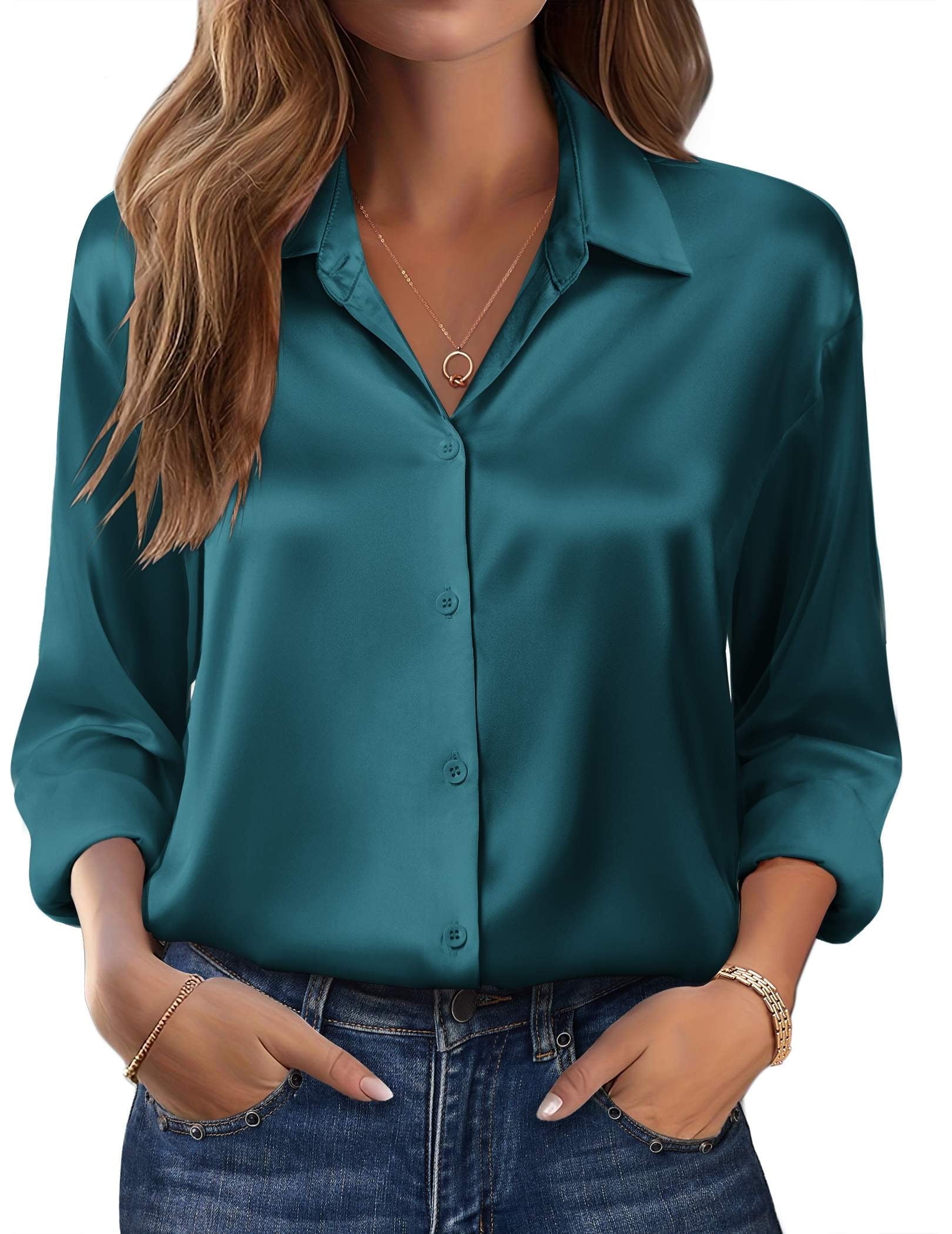 Zeagoo Women's Silk Button Down Shirts Long Sleeve Stain Blouses Dressy ...