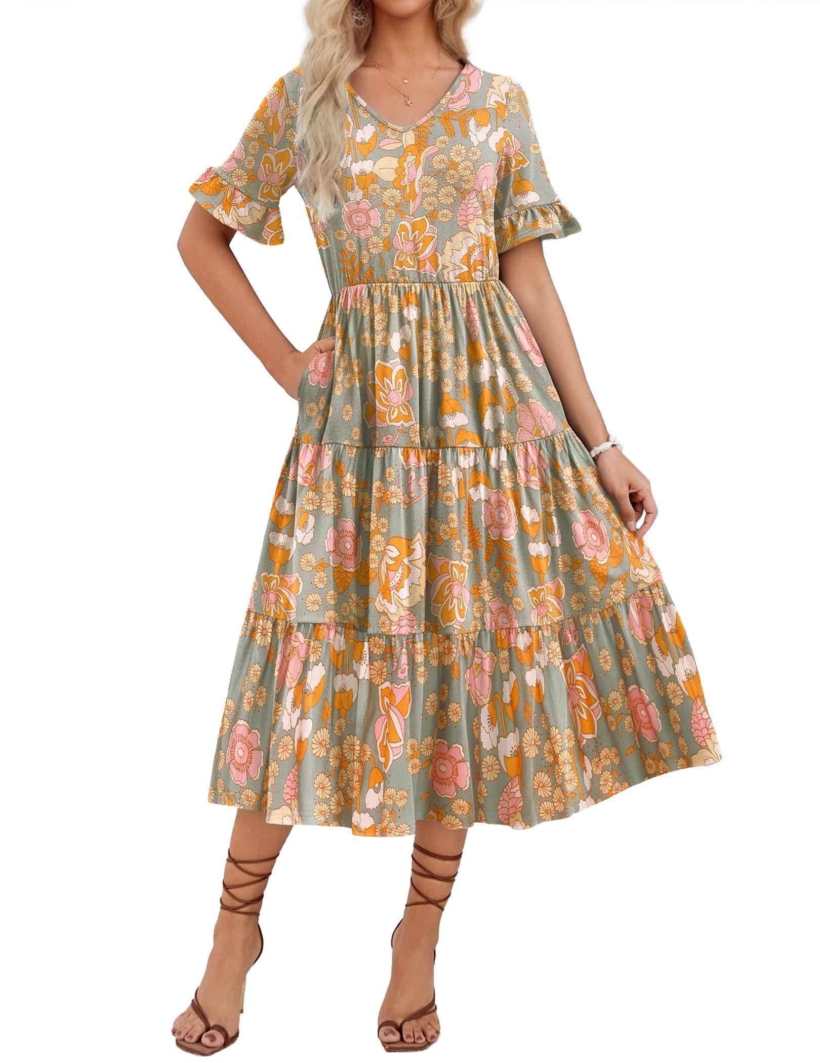 Zeagoo Women's Spring Summer Floral Midi Dress A Line Boho Dress Casual ...