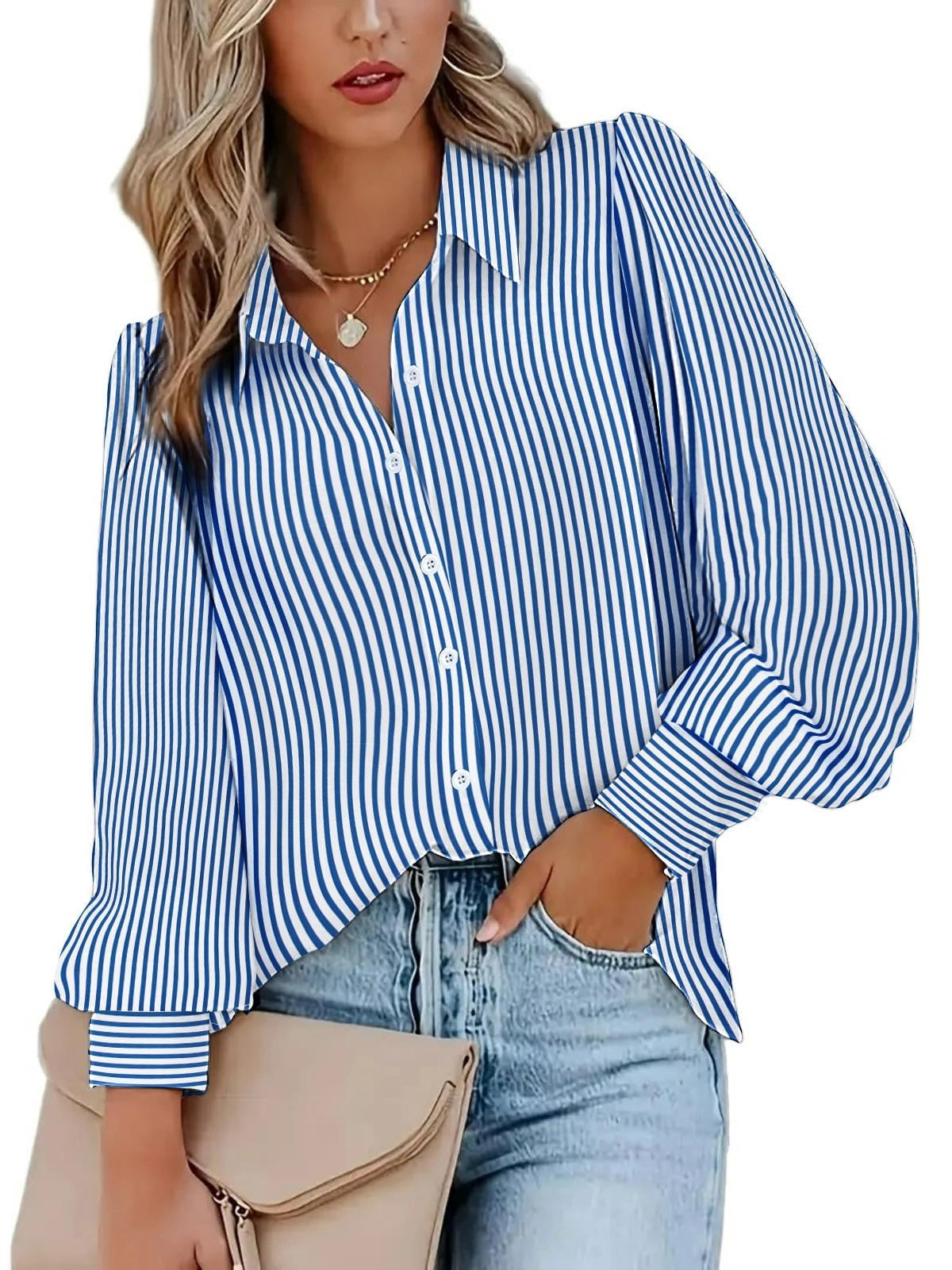 Zeagoo Womens Blouses Dressy Casual Spring Stripe Long Sleeve Shirts ...