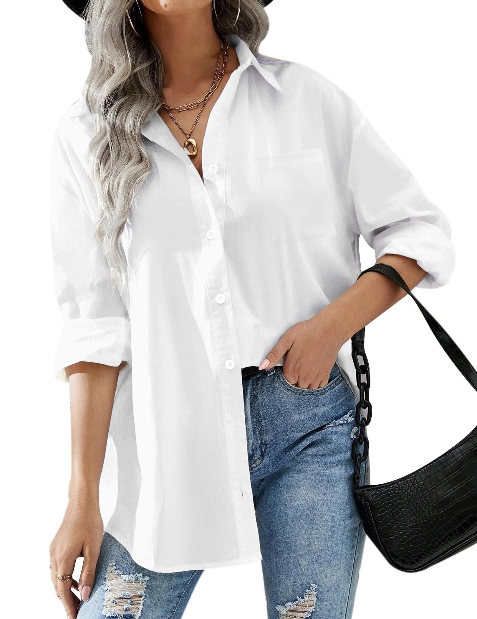 Zeagoo Womens Button Up Shirt Loose Drop Shoulder Blouses Long Sleeve ...