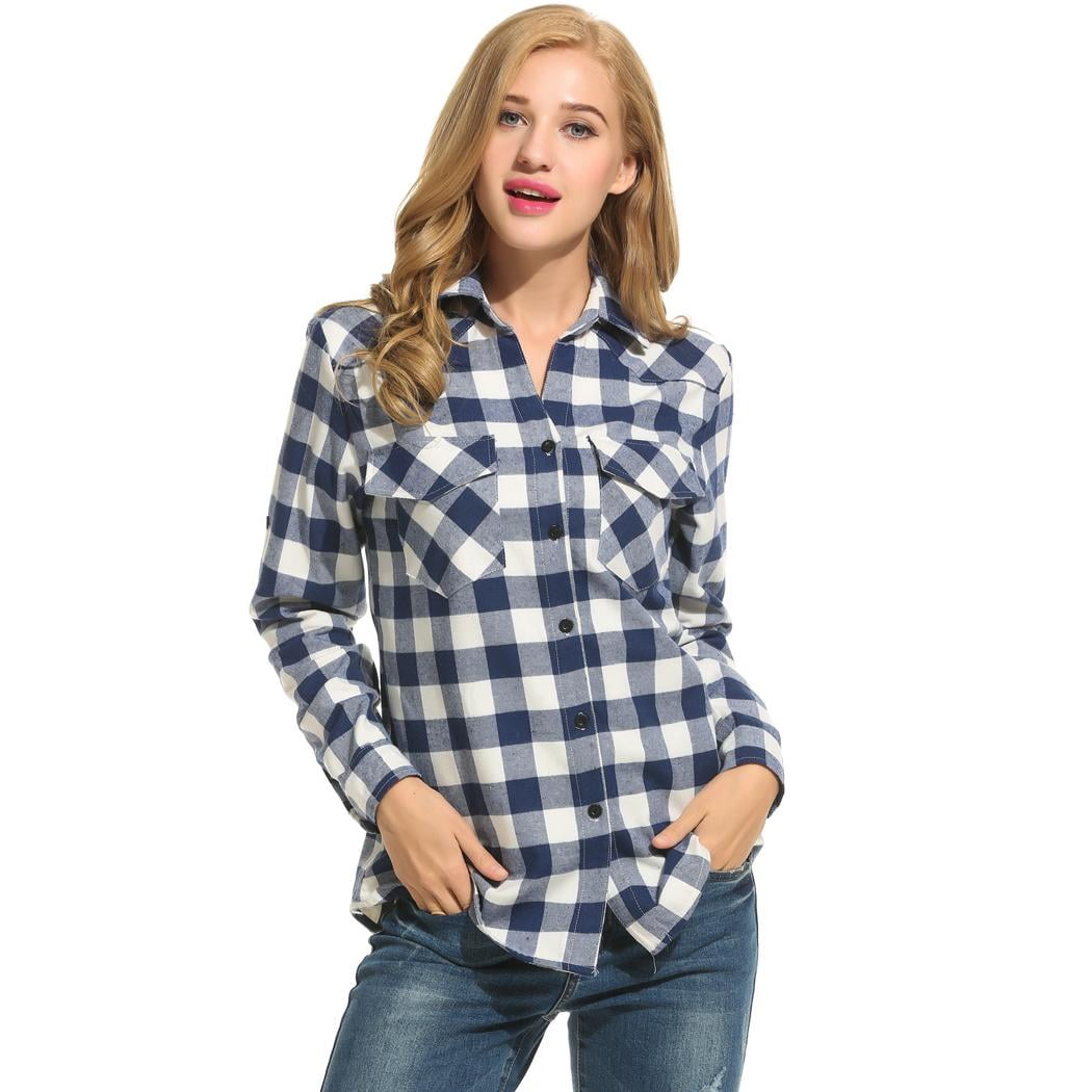 Zeagoo Womens Flannel Shirts Long/Roll Up Sleeve Collared Button Down ...