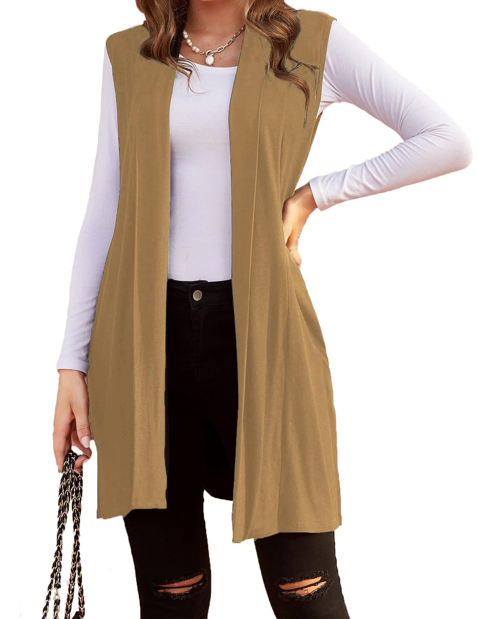 Zeagoo Womens Long Vests Sleeveless Draped Lightweight Open Front ...