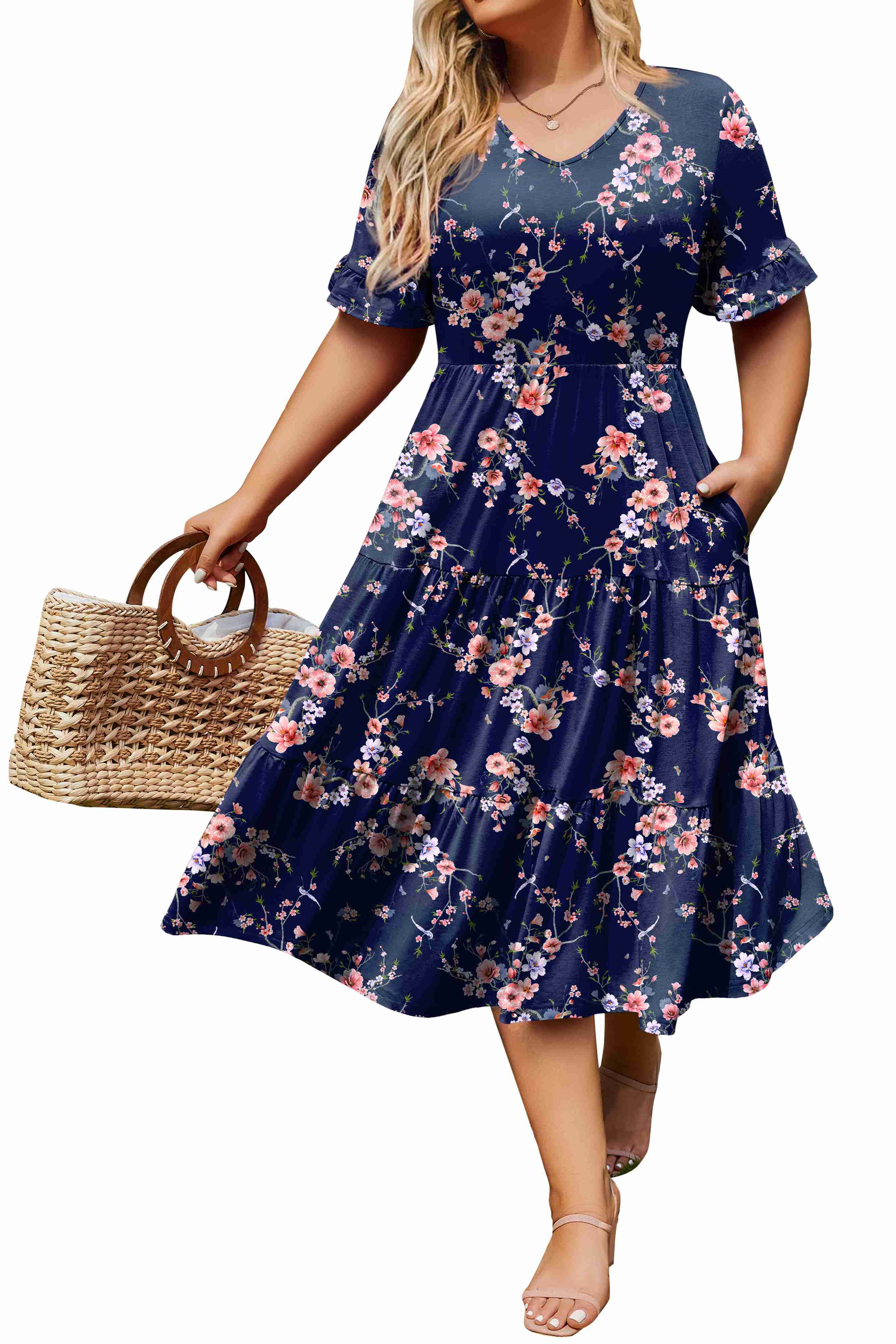 Zeagoo Womens Plus Size Short Sleeve Dress Summer Midi Casual Tiered V ...