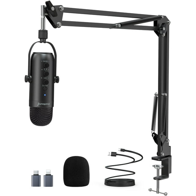 ZealSound Gaming Mic Kit, USB Condenser Mic with Boom Arm, Volume Control for PC & Tablet ...