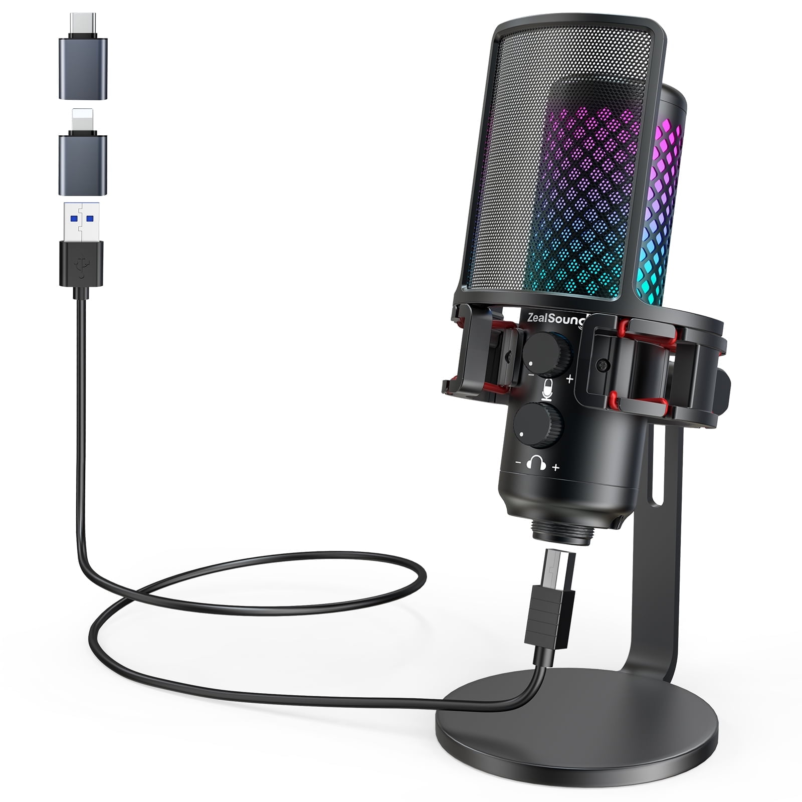 ZealSound Gaming USB Microphone for iPhone Phone PC, All Metal Microphones with Quick Mute, RGB ...