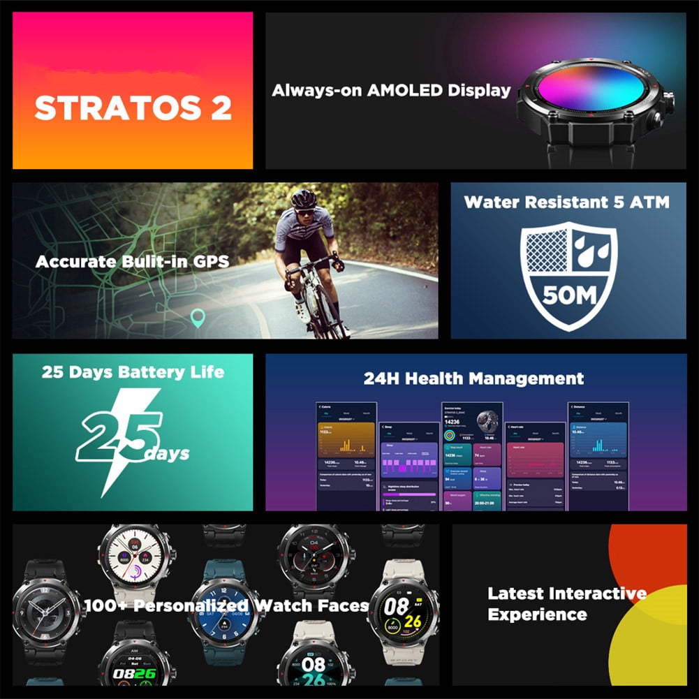 Zeblaze Stratos2 Gps Smart Watch 5 Atm Water Resistant 360 Hd Amoled ...