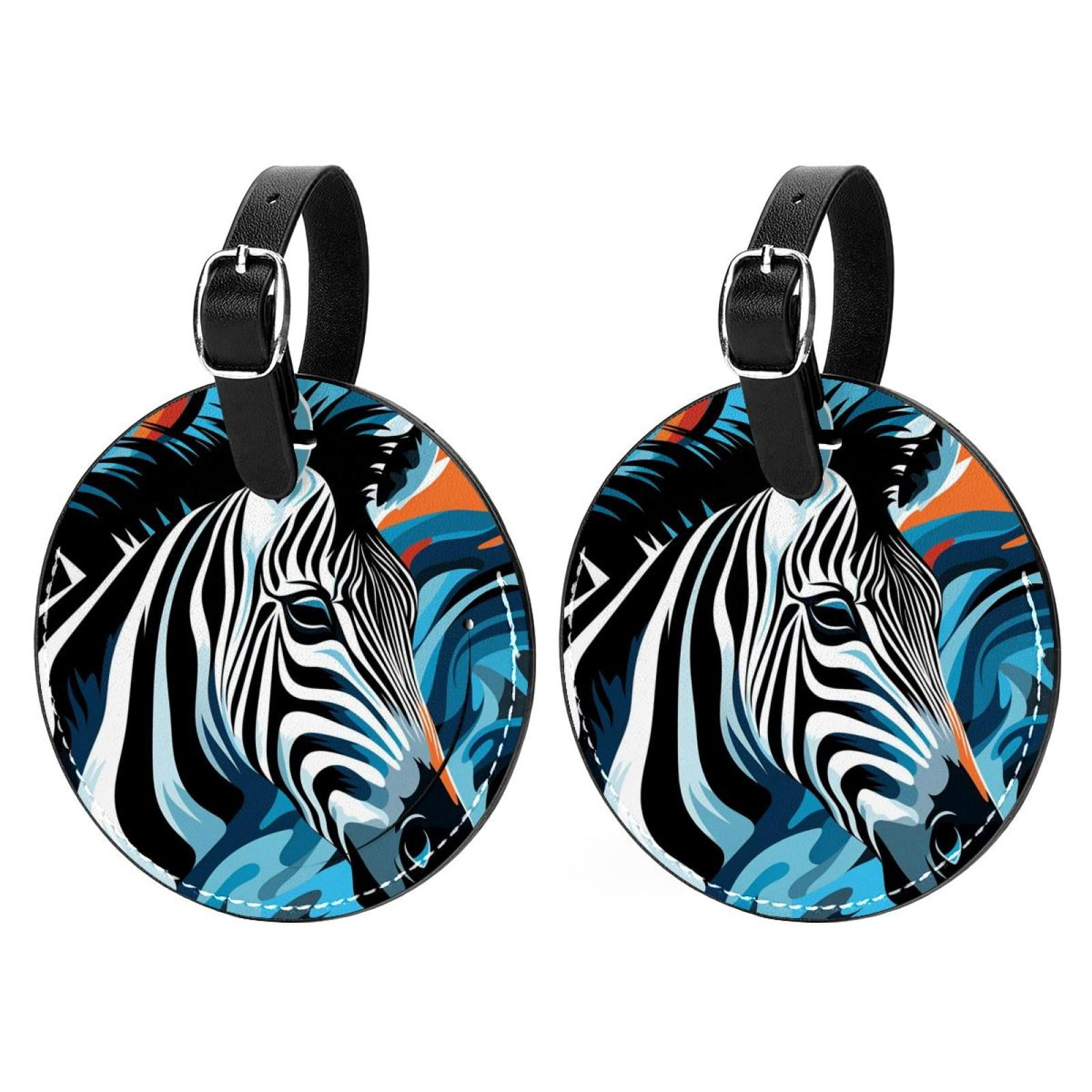 Zebra 2pcs PU Leather Round Bag Tags with Privacy Cover and Name ID Tag ...