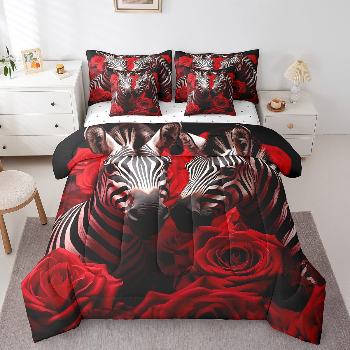 Zebra 7 Piece Comforter Set Full Bed in a Bag,Red Rose Flowers Bedding ...