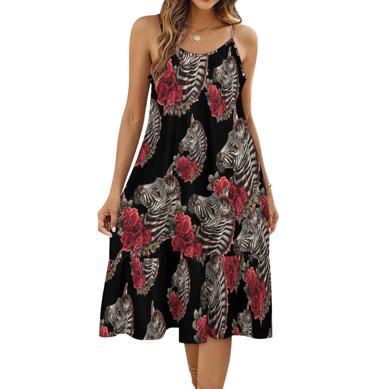 Zebra And Roses Women Summer Dresses Spaghetti Strap Scoop Neck Smocked ...