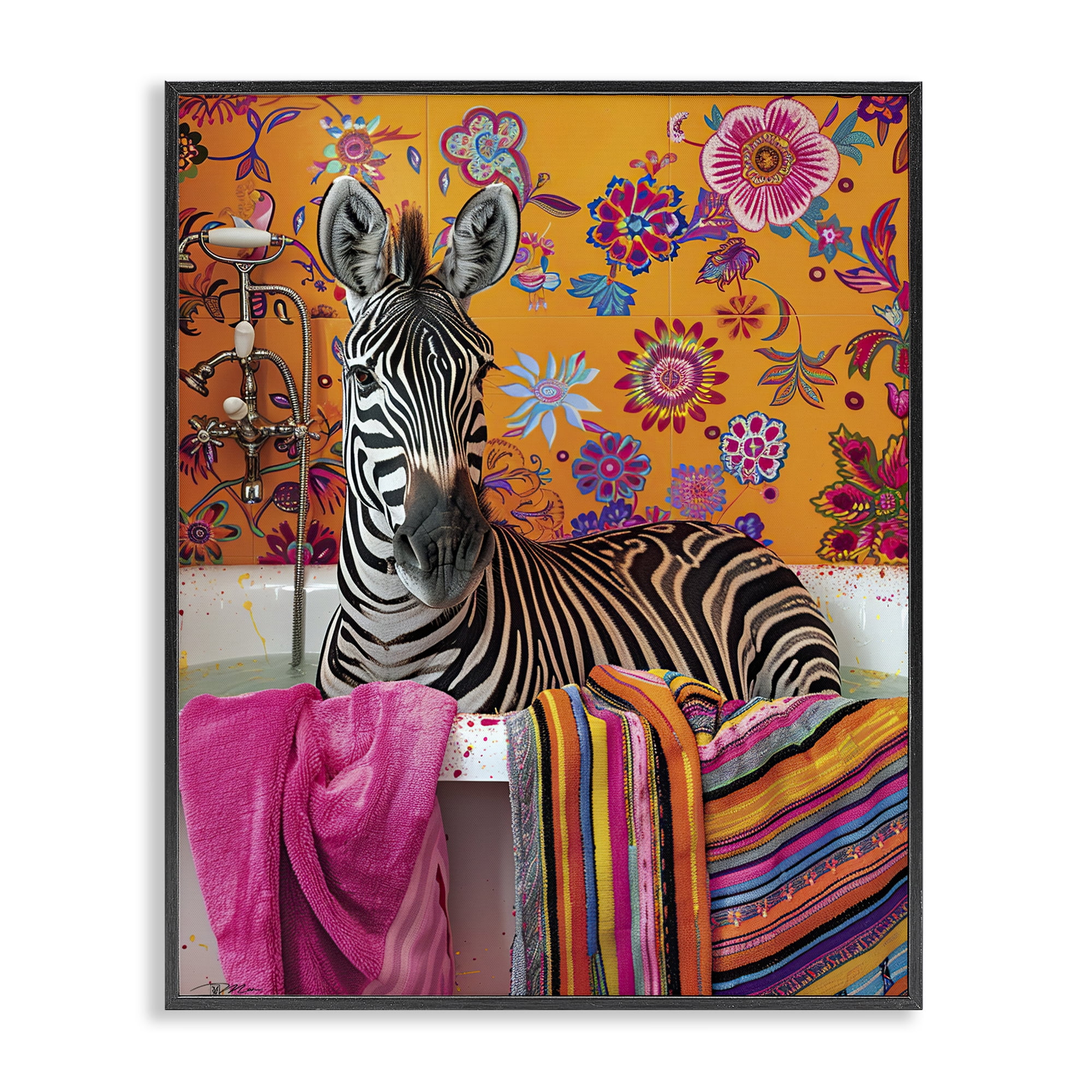 Zebra Bath with Colorful Towel Black Framed Giclee Art, design by ...