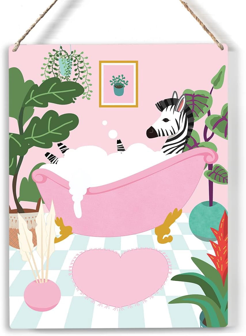 Zebra in Bathtub Wood Sign Botanical Zebra Pink Bath Wooden Signs ...