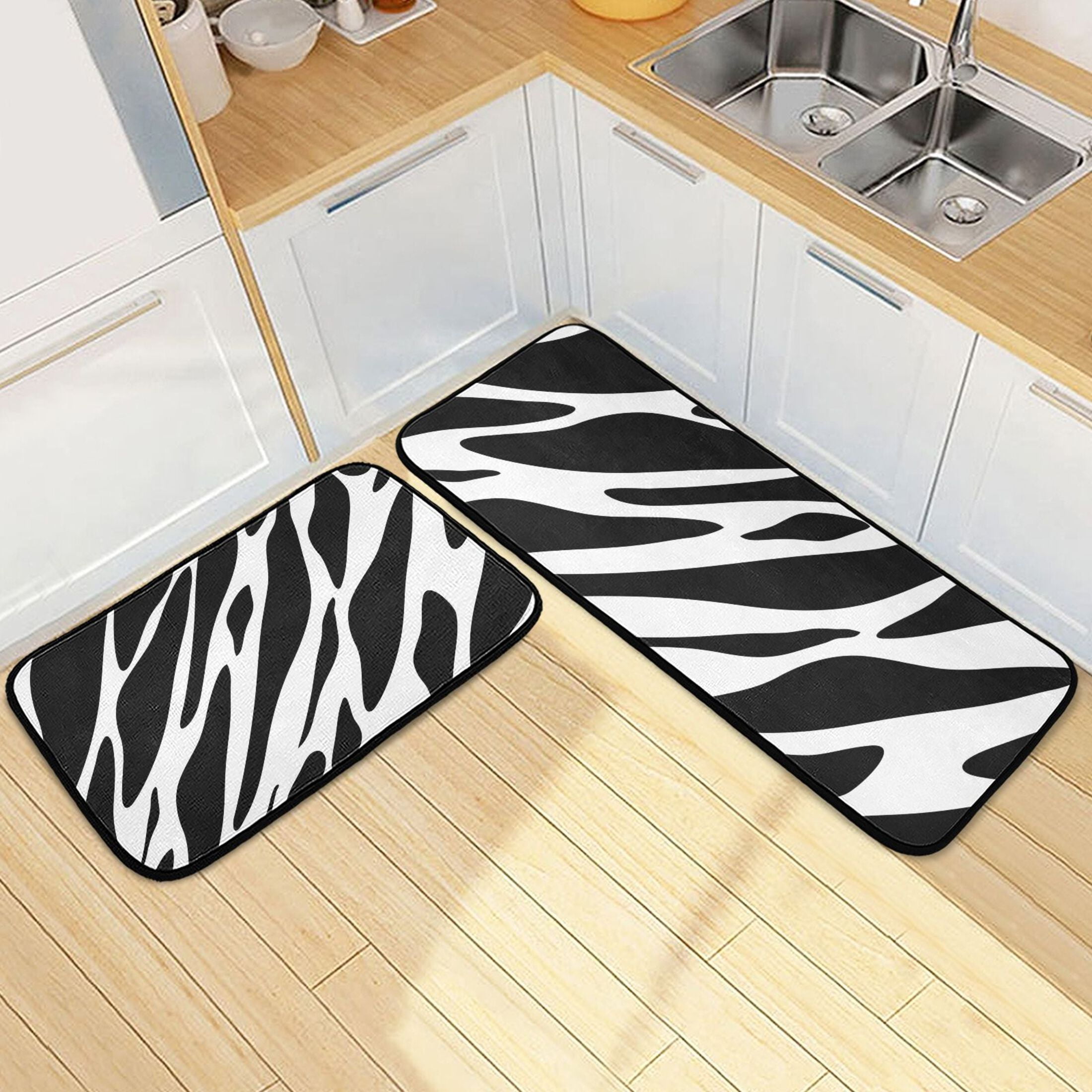 Zebra Black and White Kitchen Rugs Set of 2 Non Slip Floor Foam Mat ...