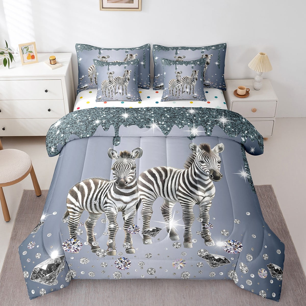 Zebra Comforter Set 7 Piece Bed in a Bag Twin,Sliver Sequin Fluid Art ...
