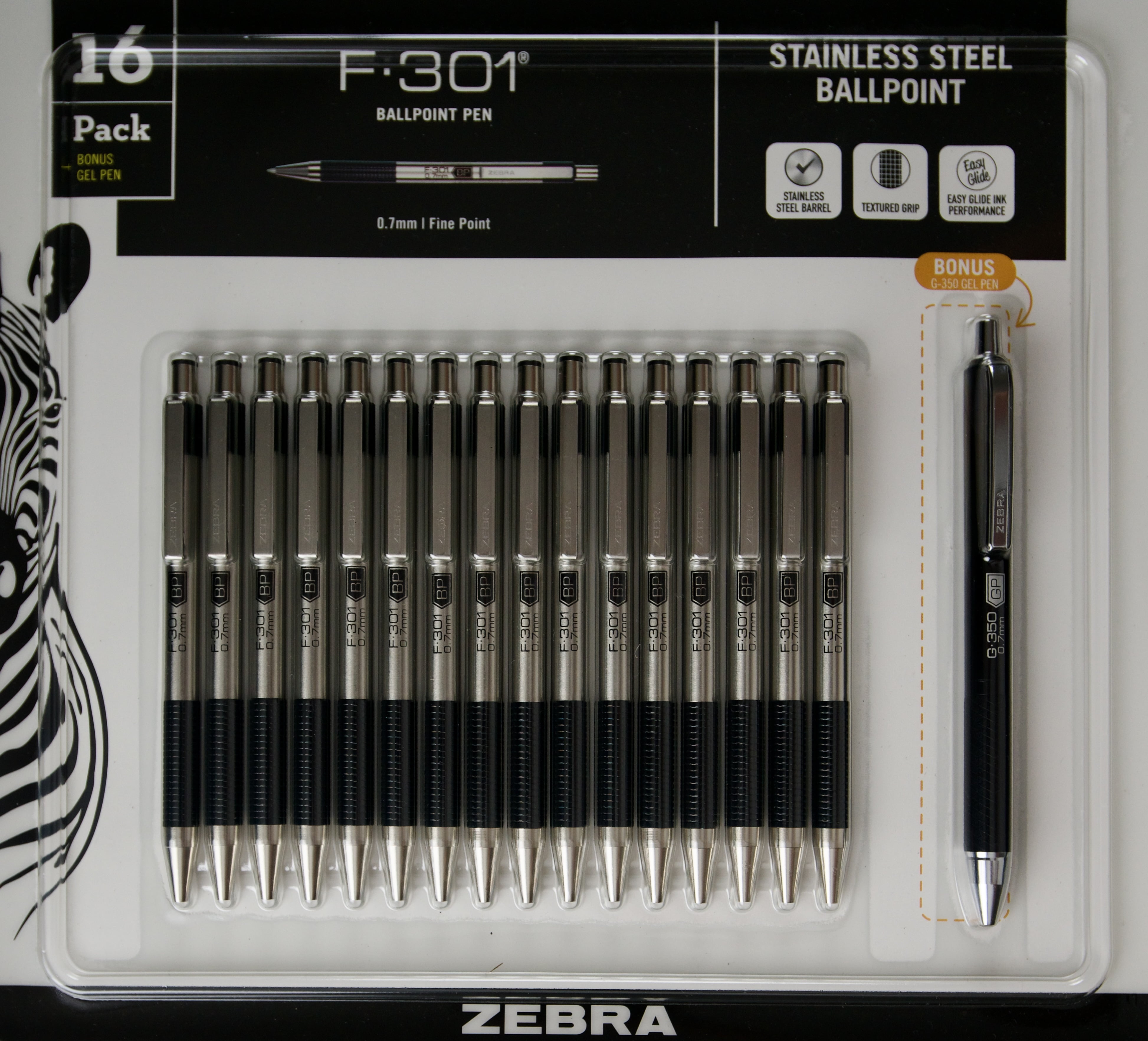 Zebra F 301 0.7mm Fine Point Stainless Steel, 16 Ballpoint Pens + Bonus ...