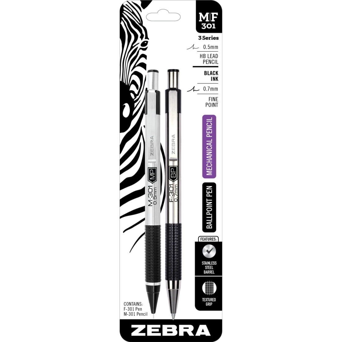 Zebra M/F 301 Stainless Steel Set, Fine Point 0.5mm HB Lead & 0.7mm ...