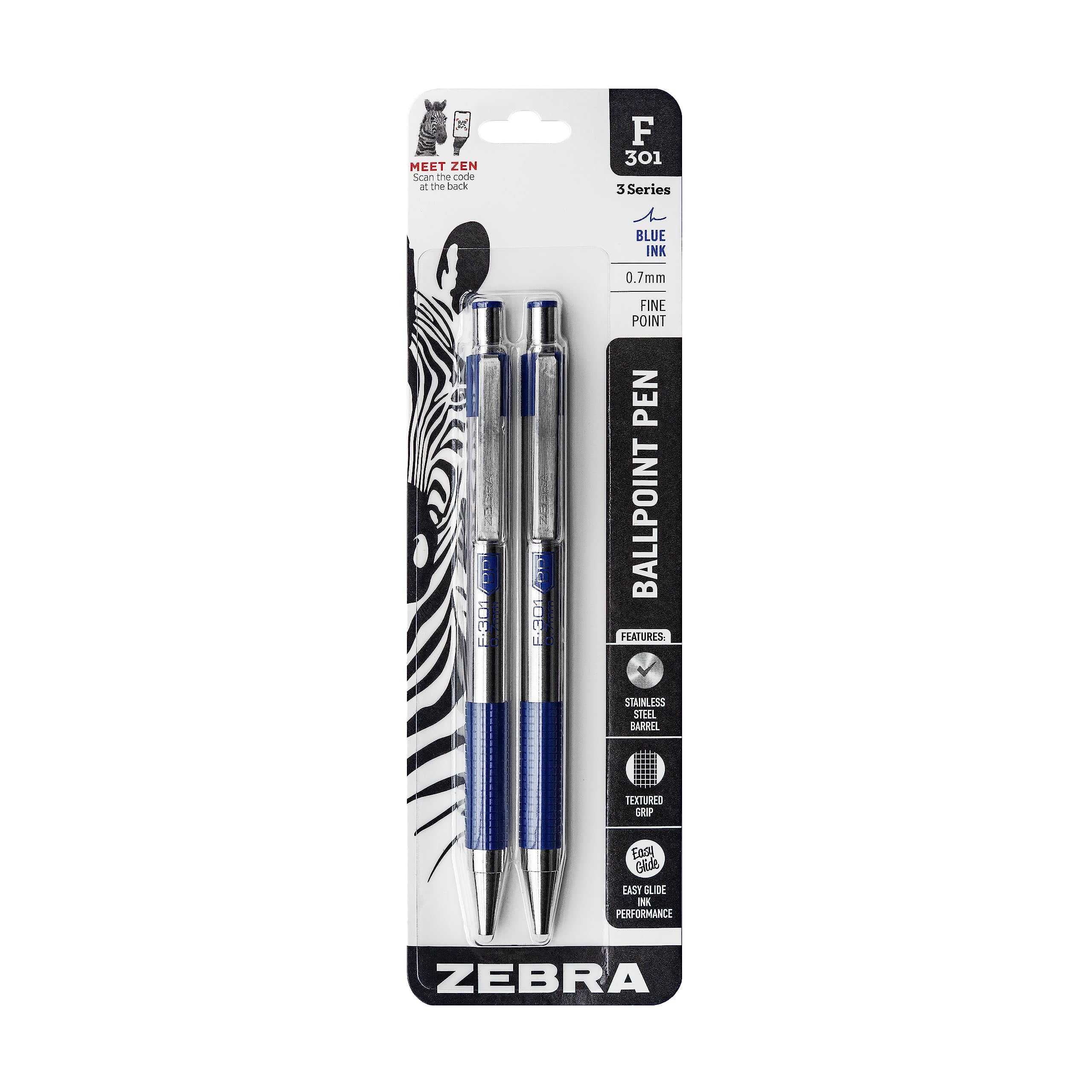 ZebraÂ® F-301 Stainless Steel Retractable Ballpoint Pens, Fine Point, 0 ...