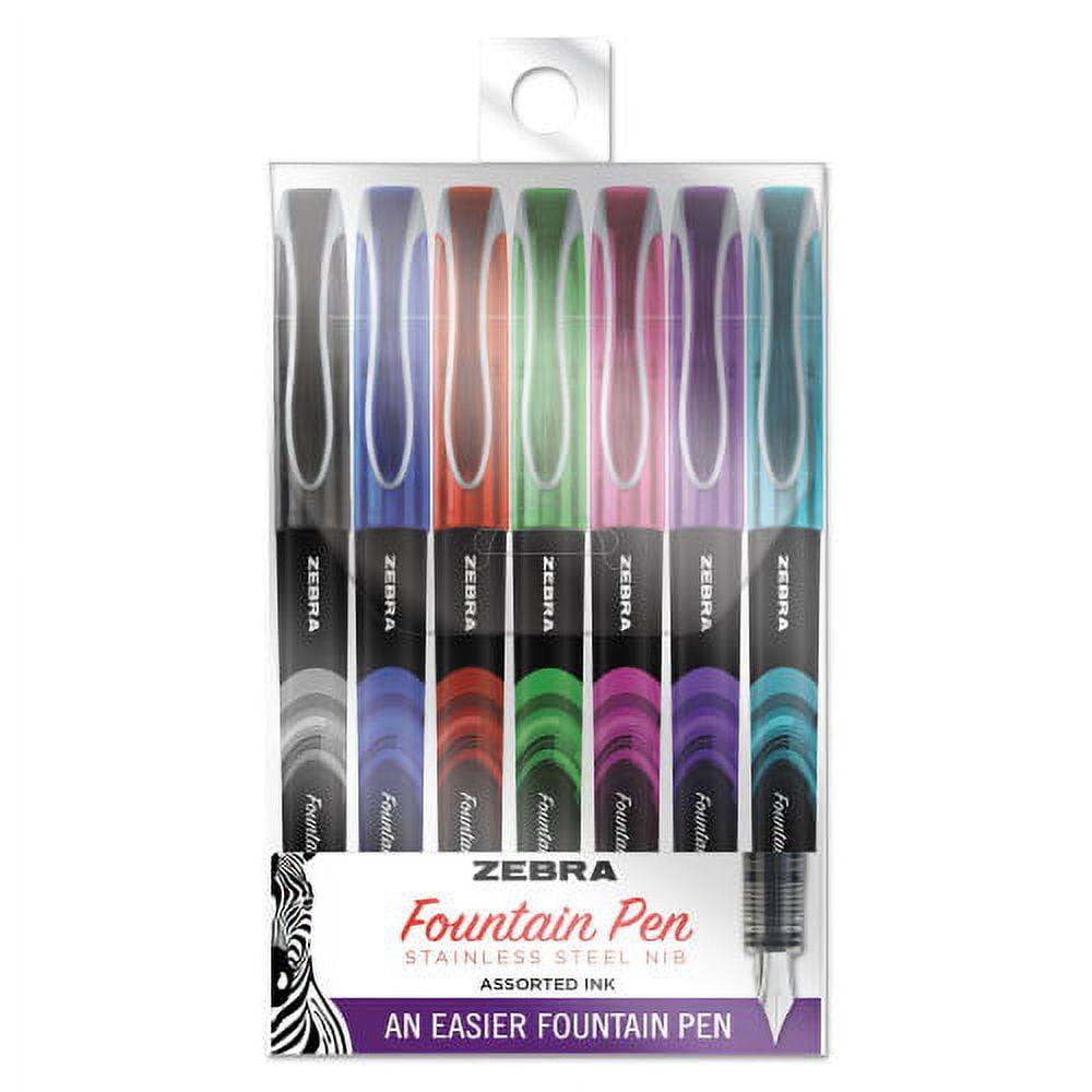 Zebra Fountain Pen, Fine 0.6 mm, Assorted Ink and Barrel Colors, 7/Pack ...
