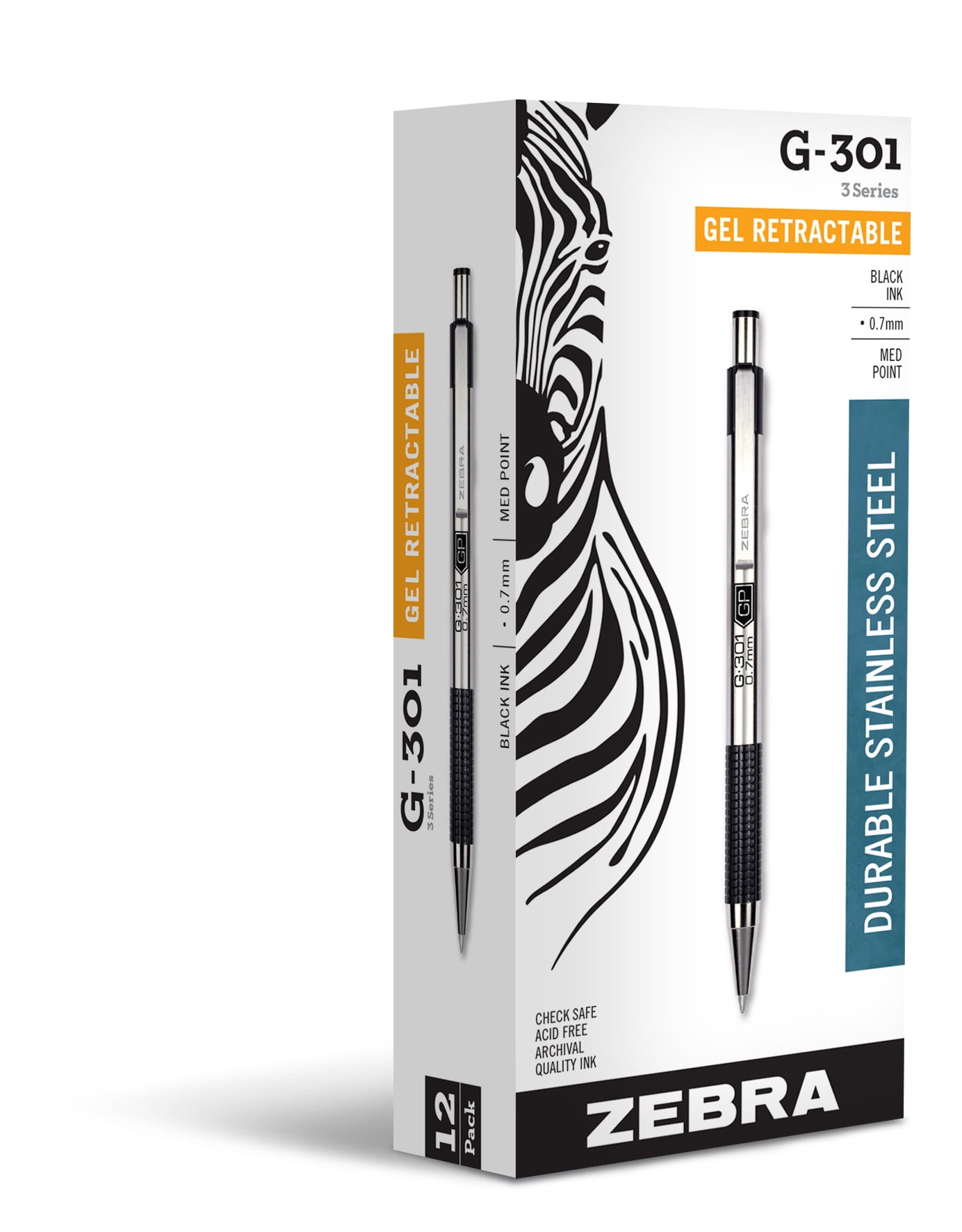 Zebra G 301 Retractable Gel Pen Fine Point 0 7mm Black Ink 12 Count