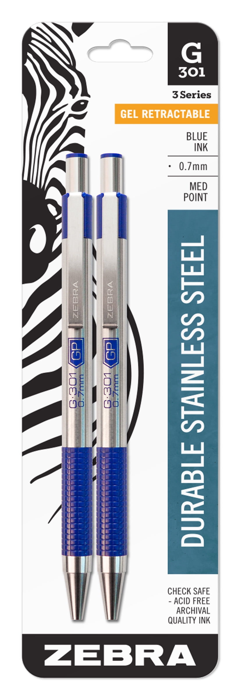 Zebra Pen G-301 Stainless Steel Retractable Gel Writing Pen, 0.7mm ...