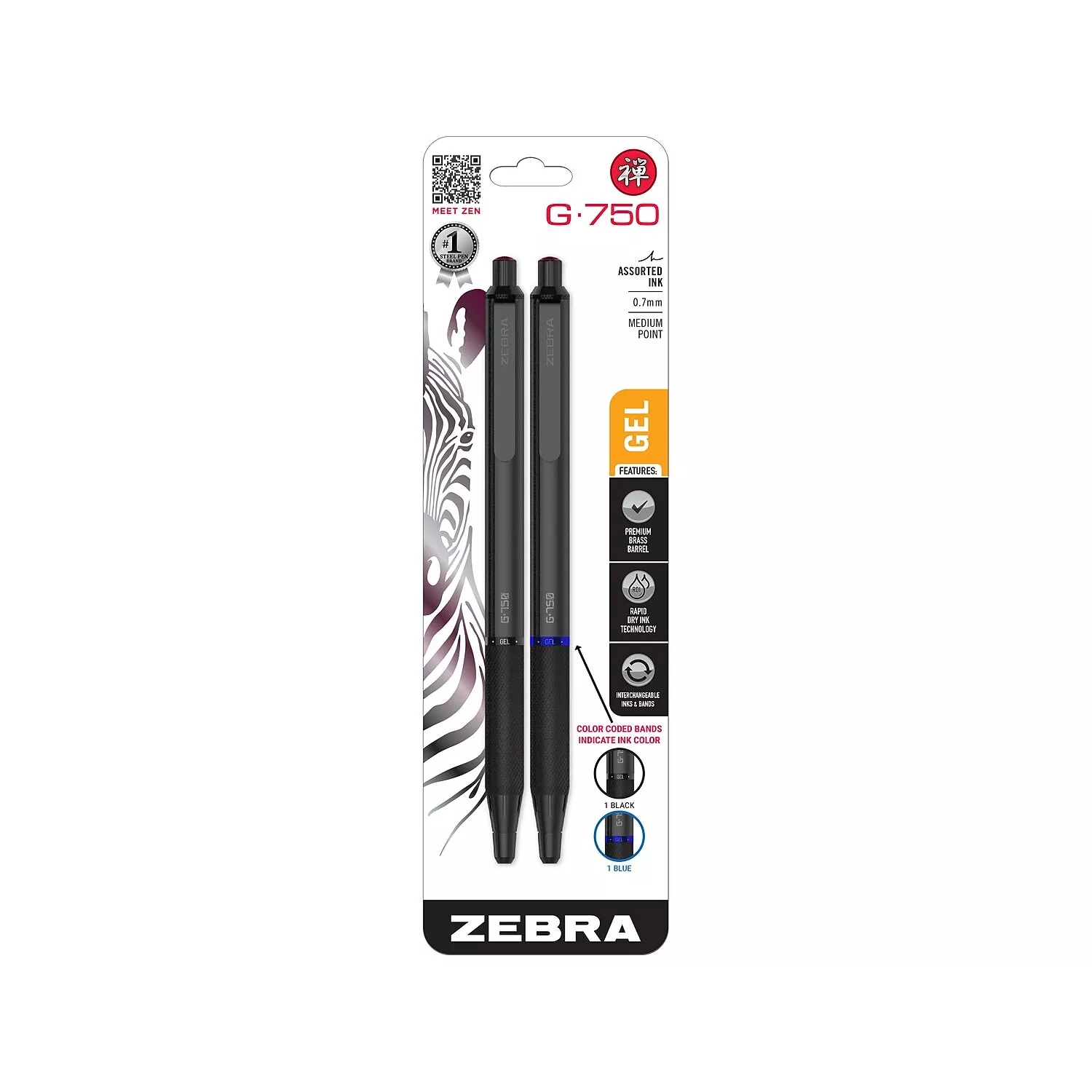 Zebra G-750 Retractable Gel Pens Medium Point Black/Blue Ink 2/Pack ...
