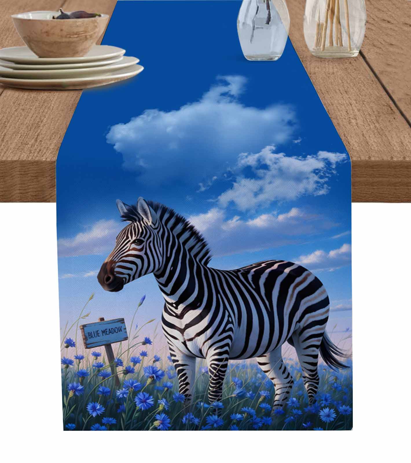 Zebra Grassland Table Runner 120 Inches, Blue Wildflowers Sky Natural ...