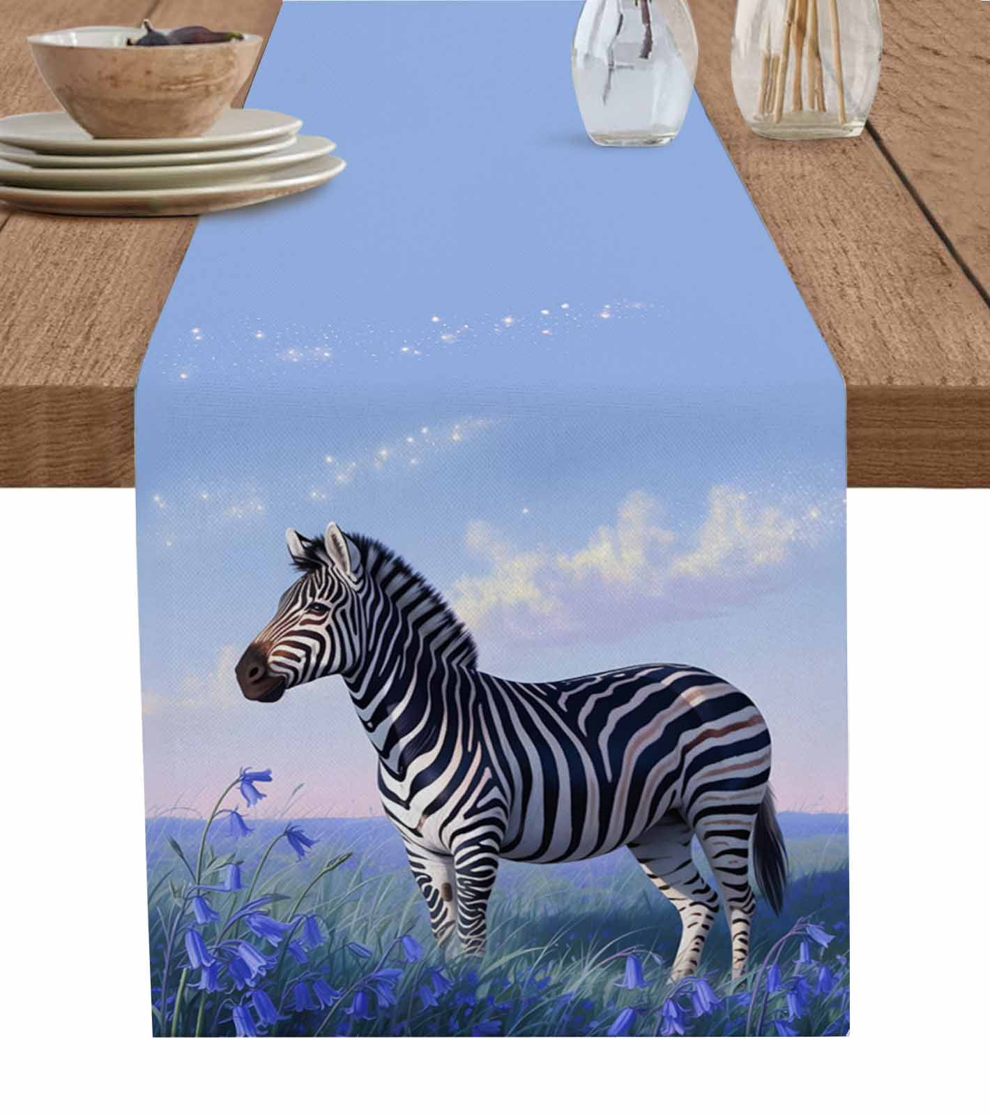 Zebra Grassland Table Runner 70 Inches, Purple Wildflowers Starry Sky ...