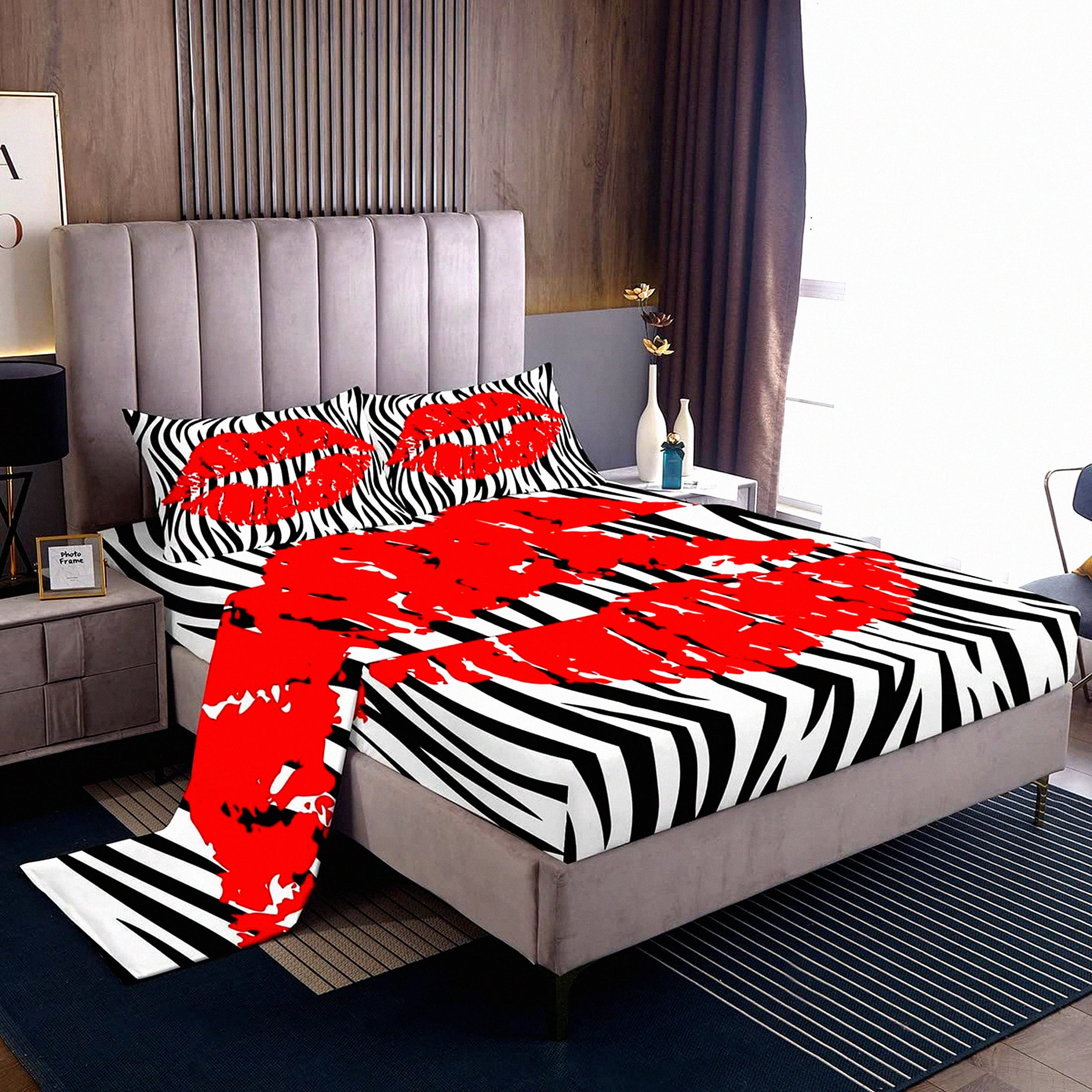 Zebra Kiss Twin Sheet Set - Red Lips Print, Black & White Stripes ...