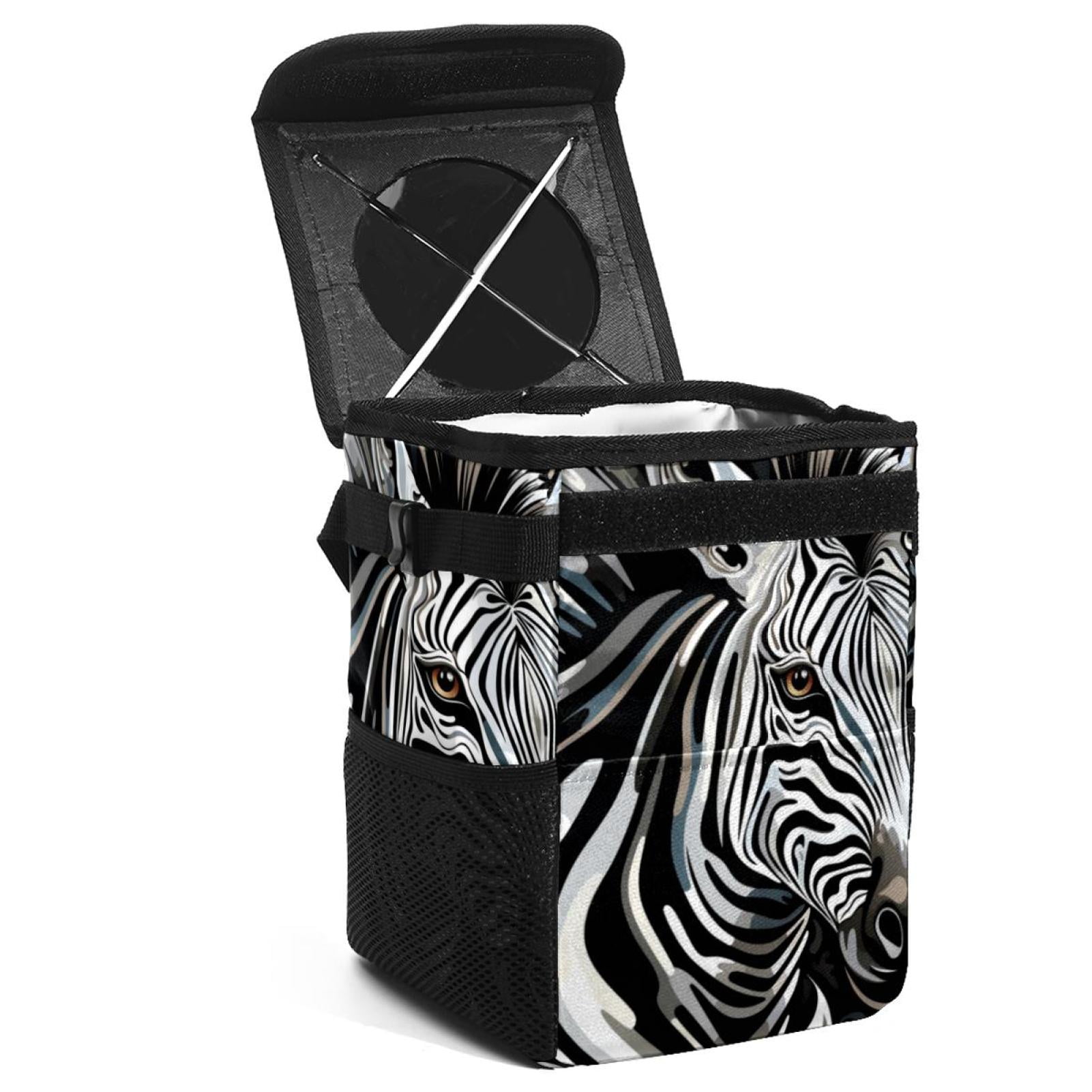 Zebra Leak-Proof Foldable Car Garbage Can with Lid and Hanging Storage Bag - Mini Trash Can for ...