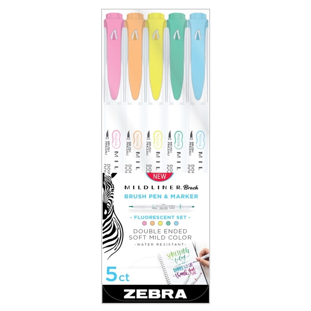 Zebra Mildliner Double-Ended Brush Pen Set, 5-Colors, Fluorescent ...