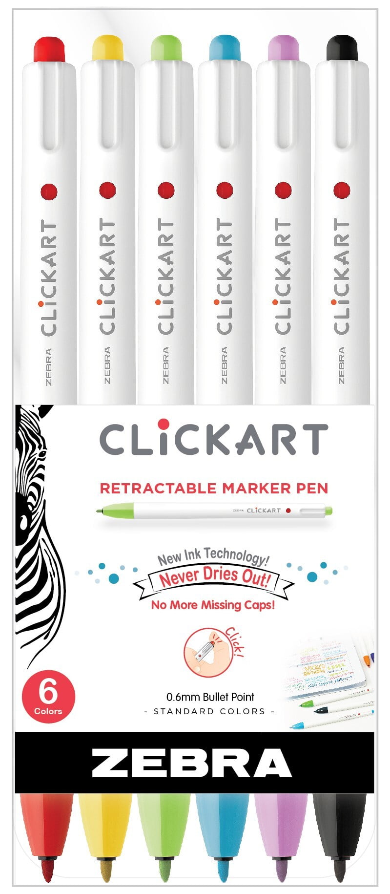 CLiCKART Retractable Marker Pen, Fine Point, 0.6 mm, Assorted Colors, 6 ...