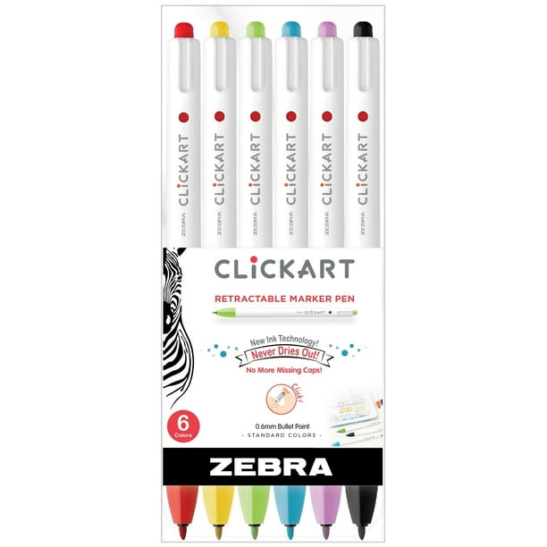 CLiCKART Retractable Marker Pen, Fine Point, 0.6 mm, Assorted Colors, 6 ...
