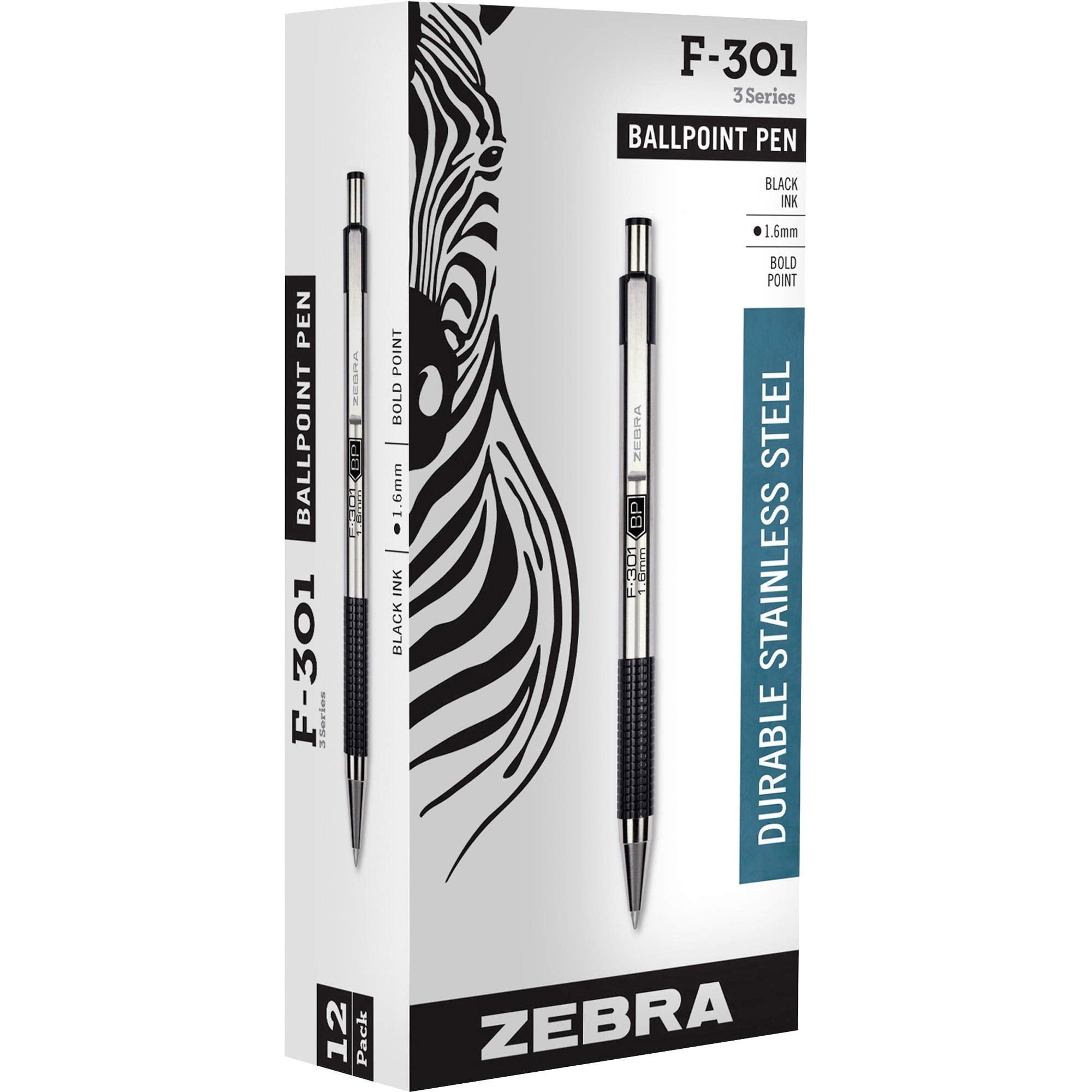 Zebra Pen F-301 Retractable Ballpoint Pen, Stainless Steel Barrel, Bold ...