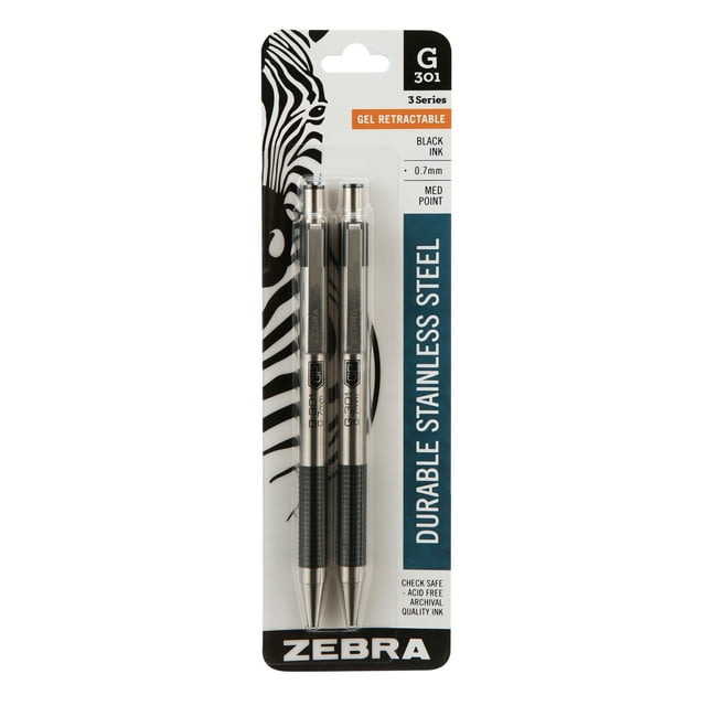 Zebra Pen G-301 Stainless Steel Retractable Gel Pen, 0.7mm, Black Ink ...