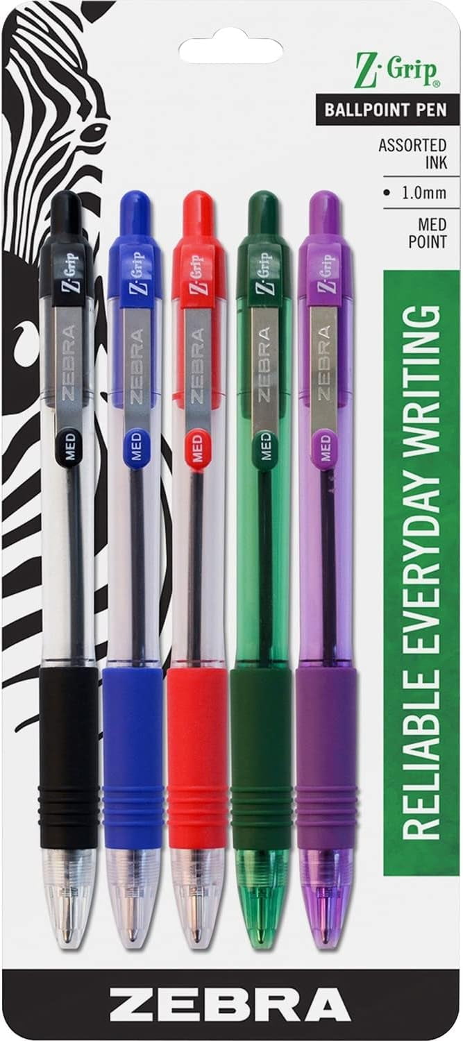Zebra Pen Z-Grip Ballpoint Retractable Pen, 1.0mm, Assorted, 5-Pack ...