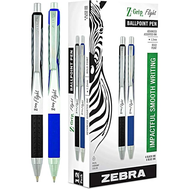 Zebra Pen Z-Grip Flight, Large Bulk Combo Pack of 6 BLACK INK & 6 BLUE ...