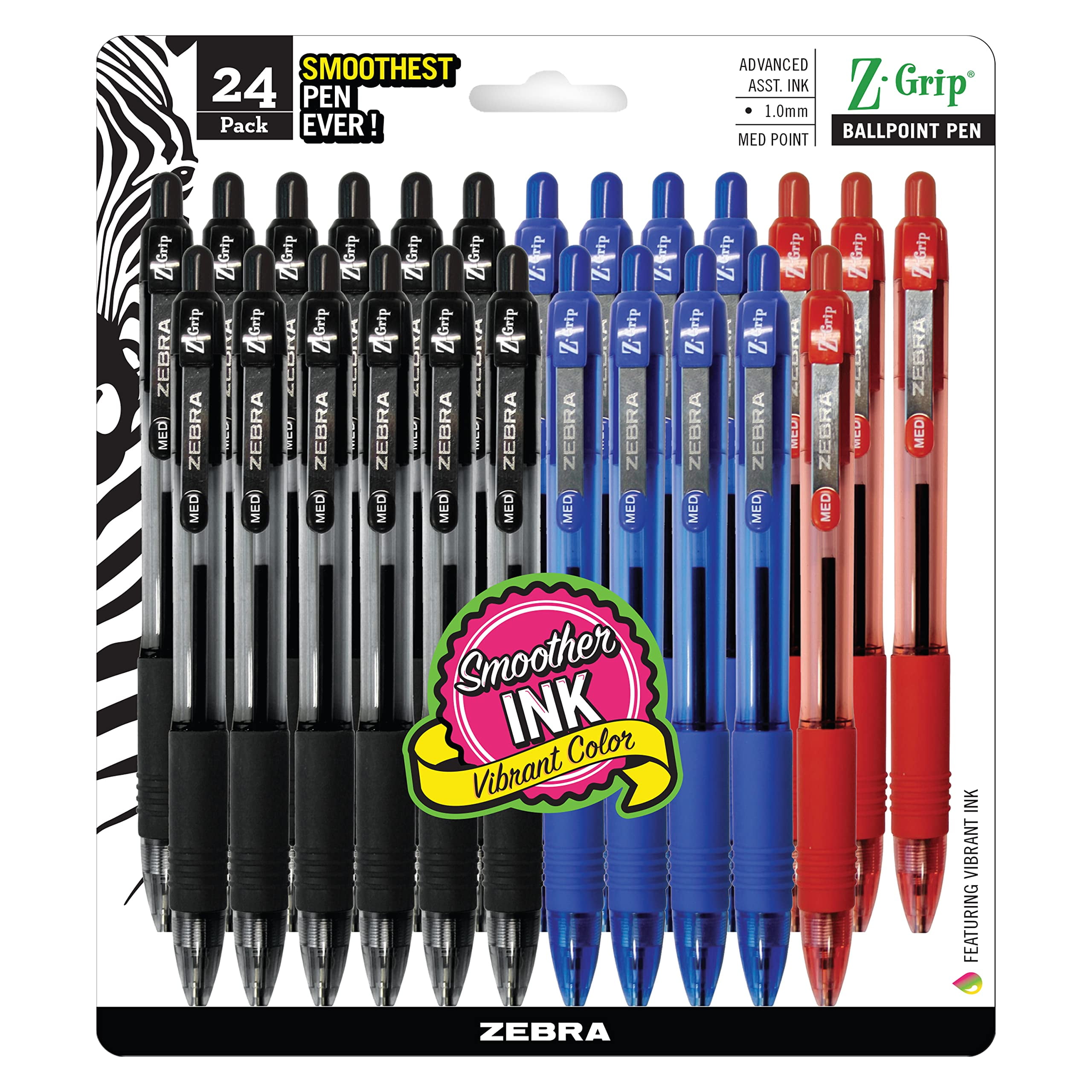 Zebra Pen Z-Grip Retractable Ballpoint Pen, Medium Point, 1.0mm, Assorted Business Colors, 24 ...