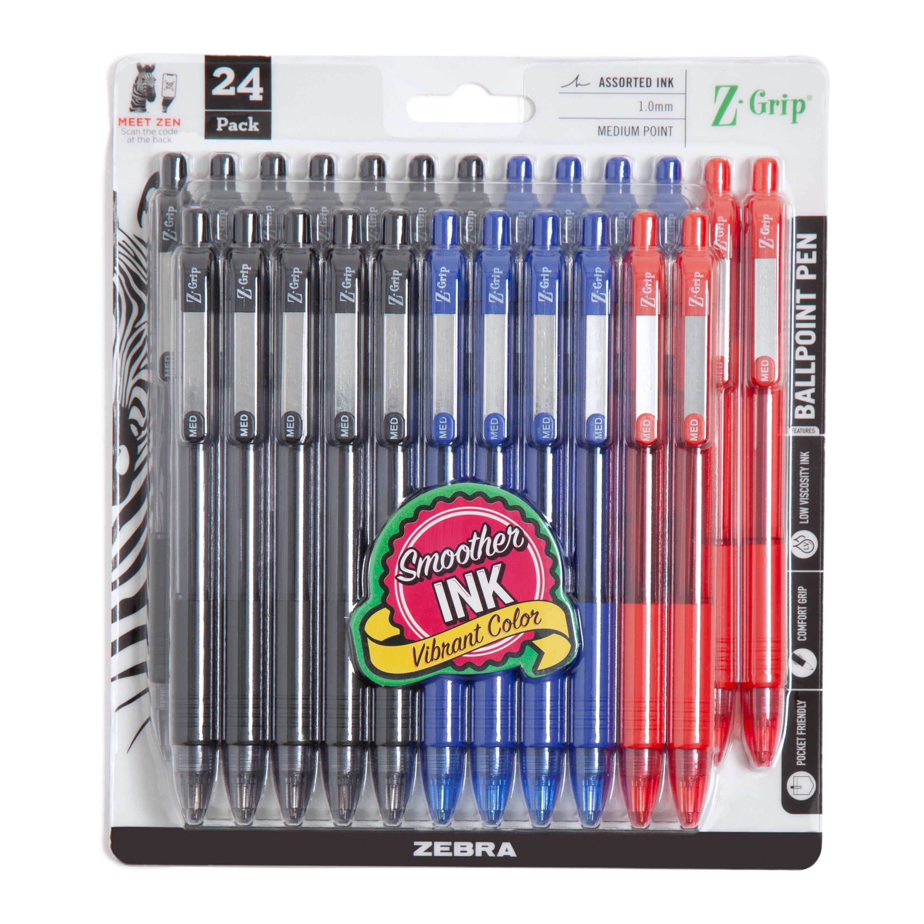 Zebra Z-Grip Medium Writing Ballpoint Pen, Retractable, 1.0mm, Assorted ...
