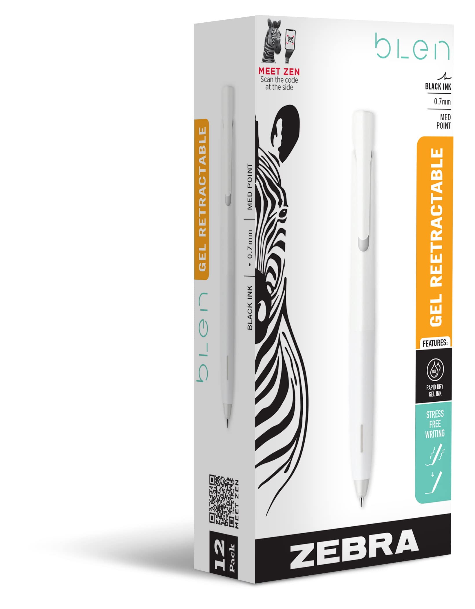 Zebra Pen bLen Retractable Gel Pen, Black Barrel, Medium Point, 0.7mm ...