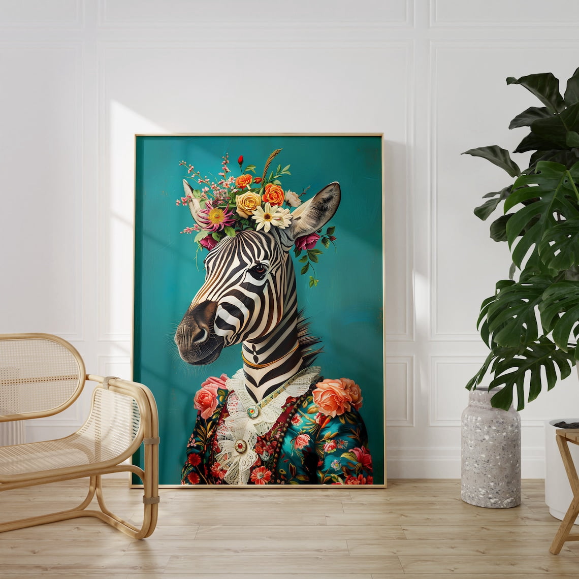 Zebra Portrait Print, Floral Zebra Wall Art, Dressed Animal Poster ...