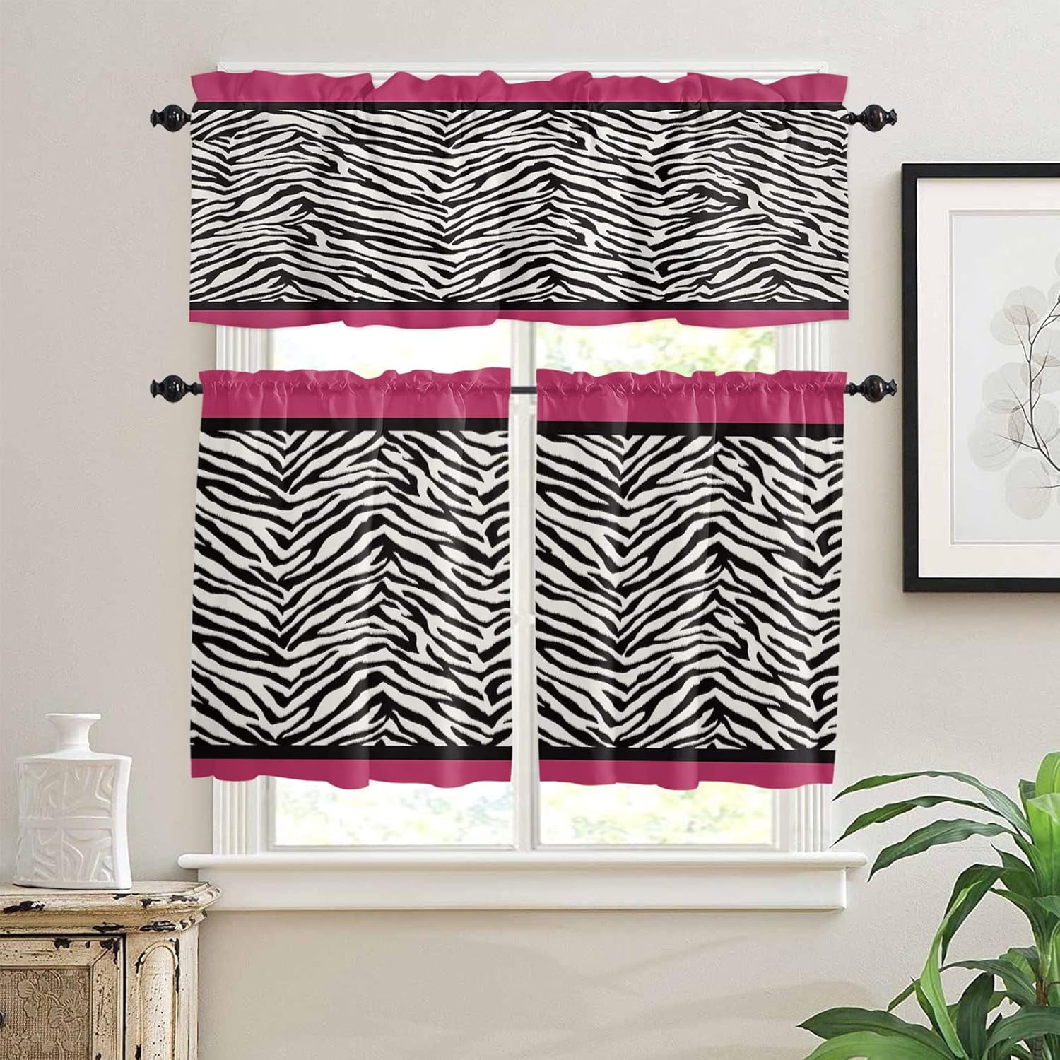 Zebra Print Animal Kitchen Curtains | 3 Piece Semi Sheer Tiers | Black White Pink | Modern ...