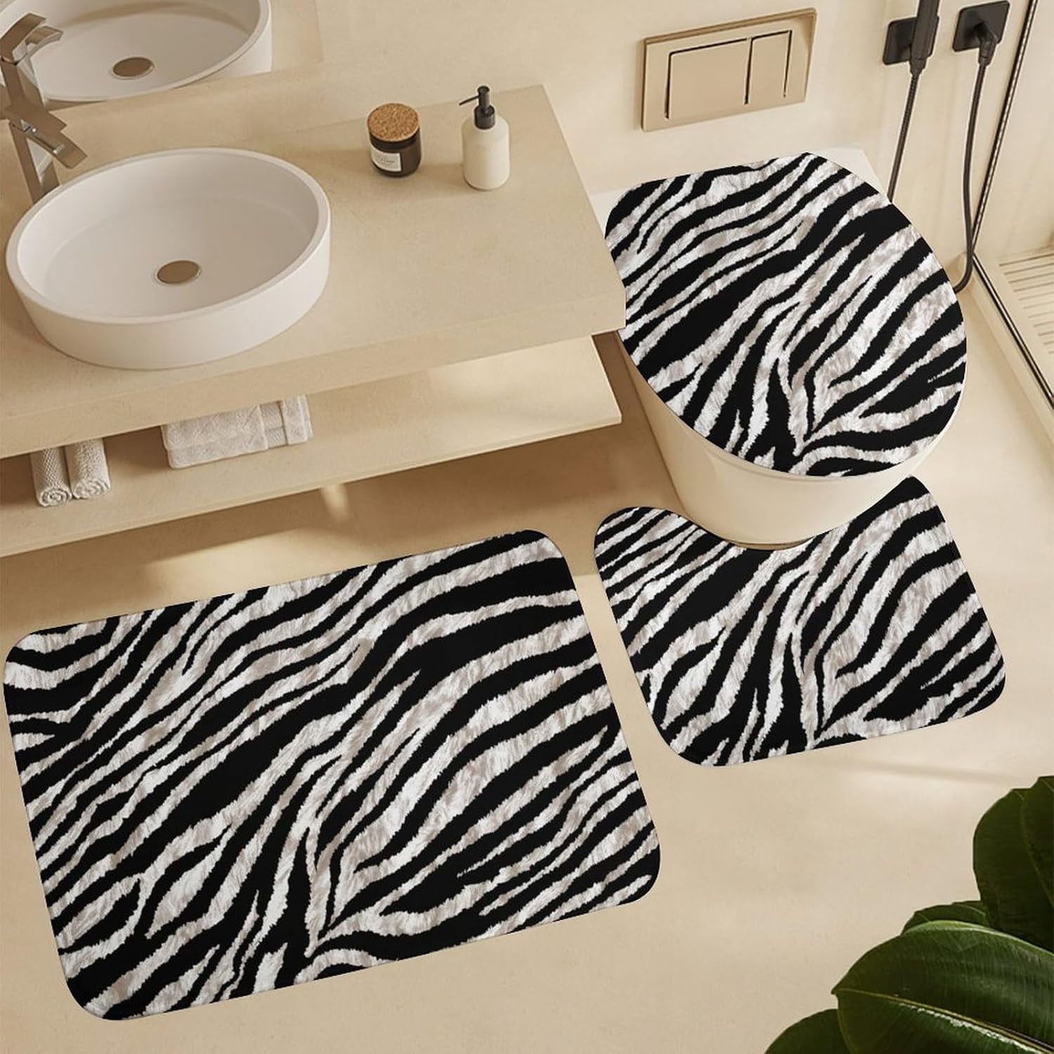Zebra Print Bathroom Mat Set 3 Pieces Black and White Bathroom Rugs Non ...