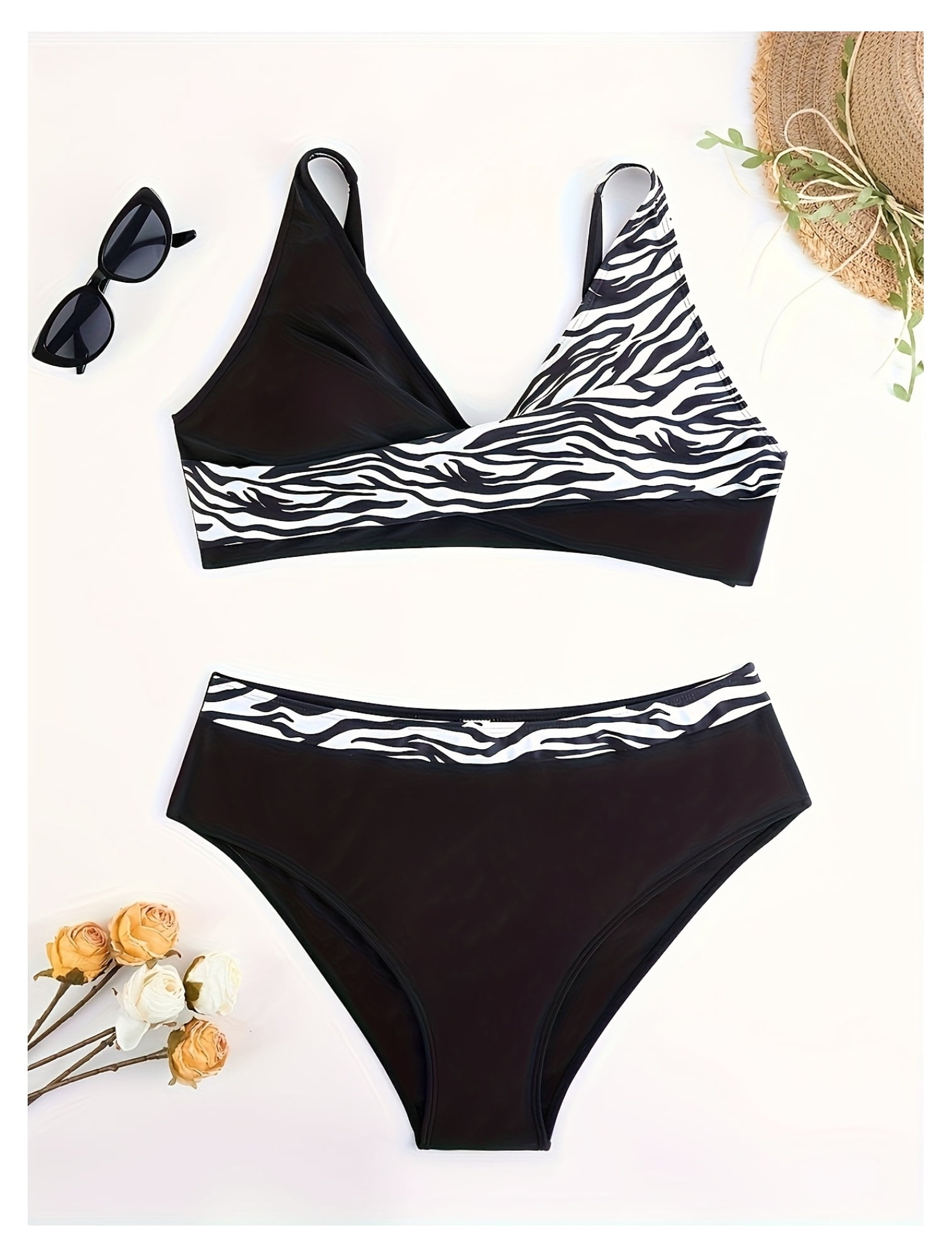 Zebra Print Bikini Women's Two Piece Swimsuit - Cross Front High ...