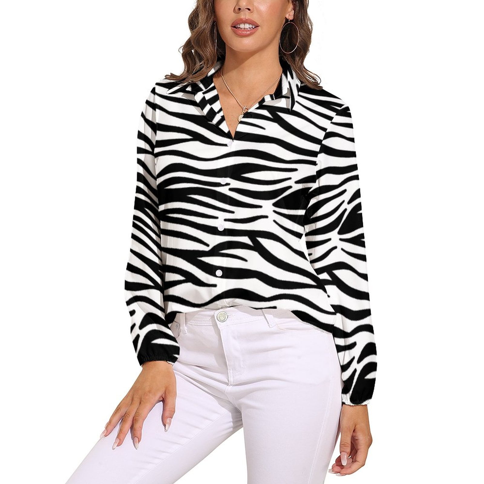 Zebra Print Blouse Long-Sleeve Animal Stripes Retro Blouses Female ...