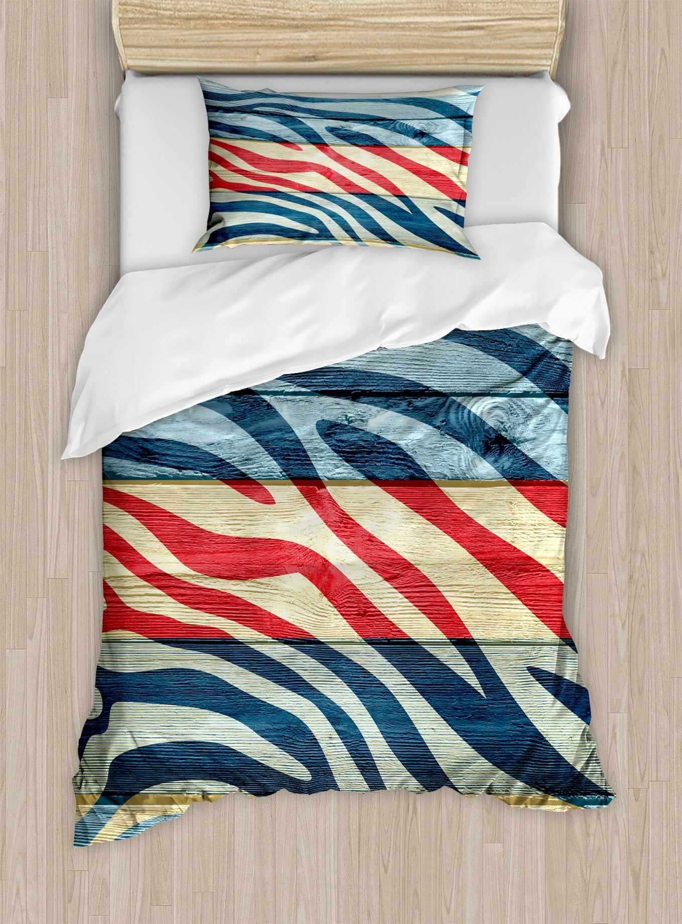 Zebra Print Duvet Cover Set, Art Colored Zebra Print on a Wooden Rustic ...