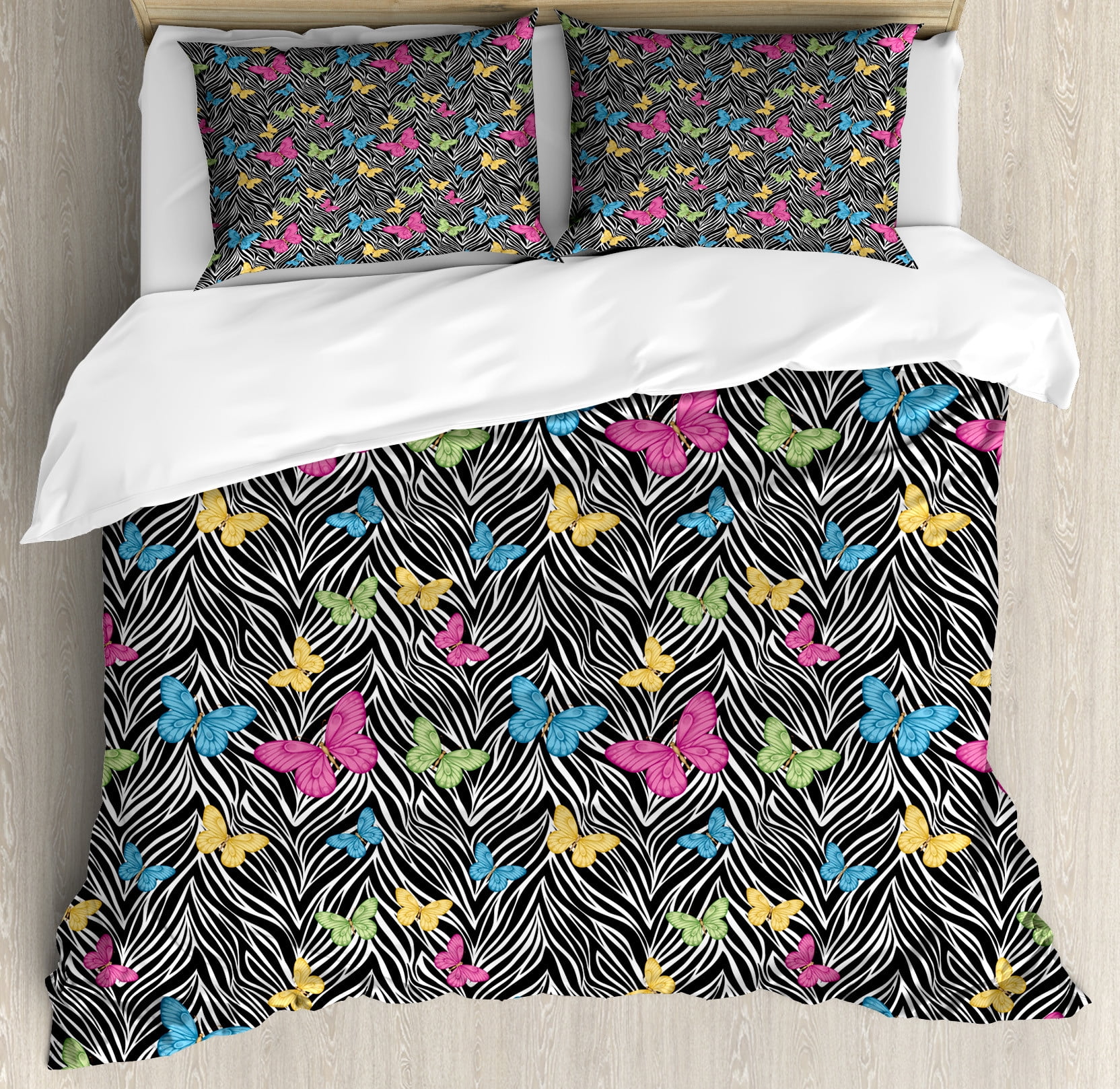 Zebra Print Duvet Cover Set, Colorful Butterflies on Zebra Abstract ...