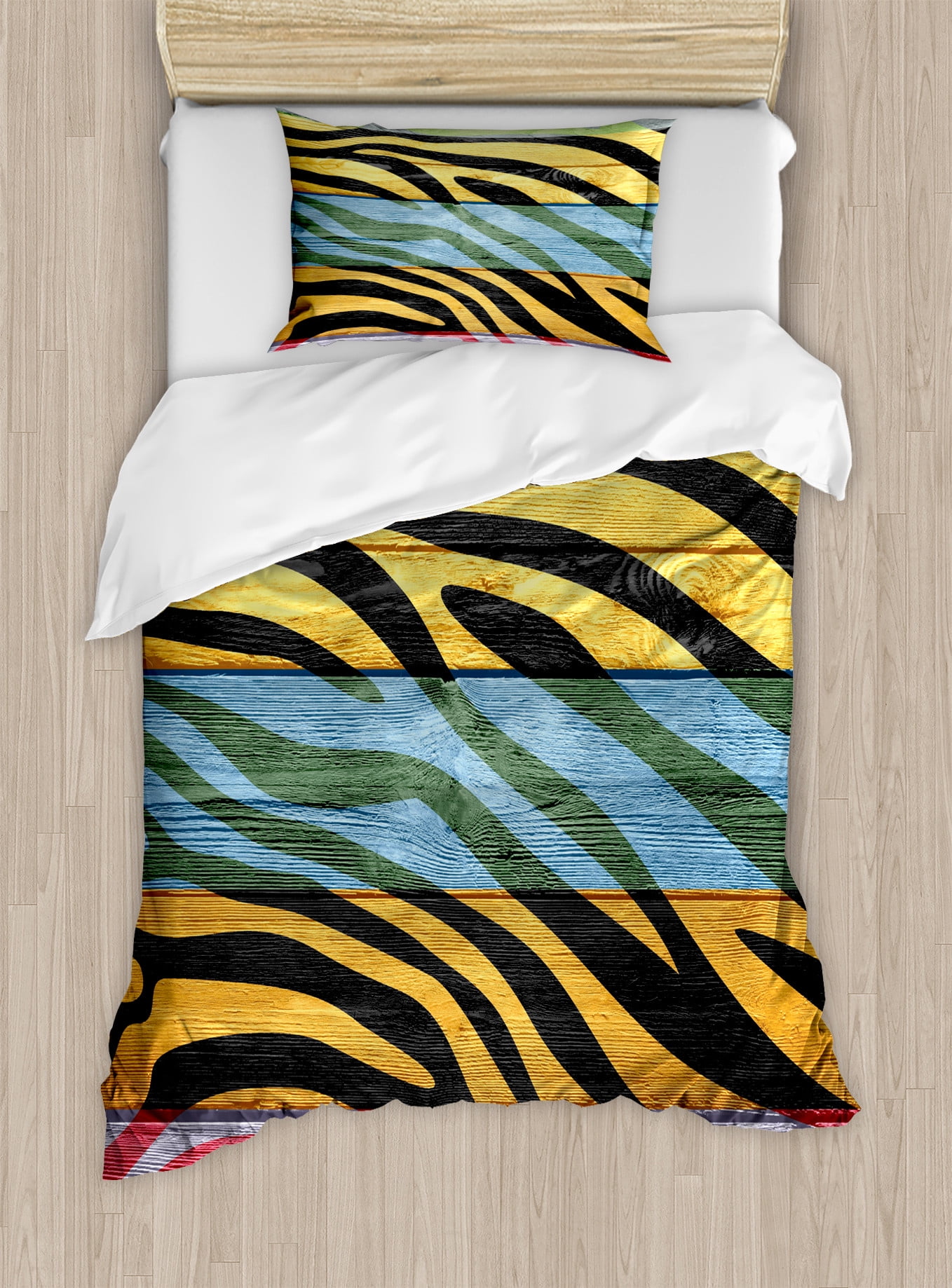 Zebra Print Duvet Cover Set, Colorful Zebra Print on Hardwood Timber ...
